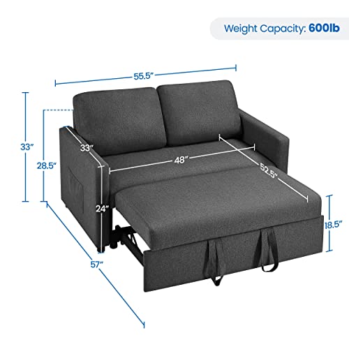 Yaheetech Convertible Sofa Bed Trundle Loveseat w/Pull-Out Trundle Bed Sleeper Sofa Convertible Couch for Limited Spaces Living Room Bedroom Guest Room Dark Gray 55.5 in
