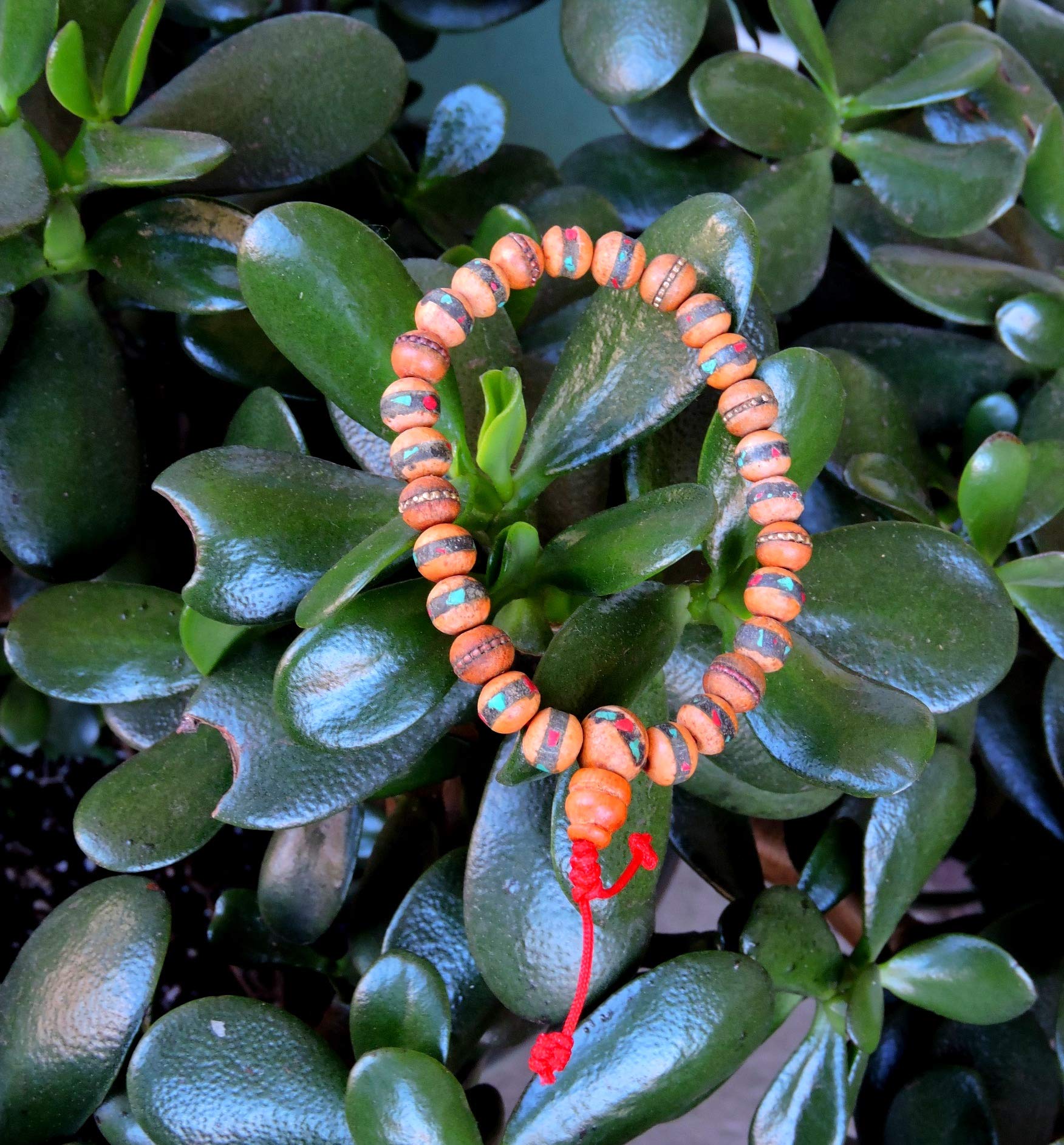 Tibetan Mala Embedded Medicine Wrist Mala for Meditation Handmade Draw String Silk Pouch Each wood bead is embedded with turquoise, coral, (Wood Guru bead)