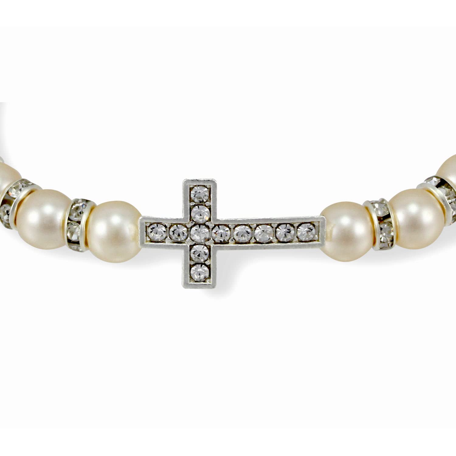 Women's Rosary Bracelet Pearl Beads Miraculous Medal Rhinestone Cross