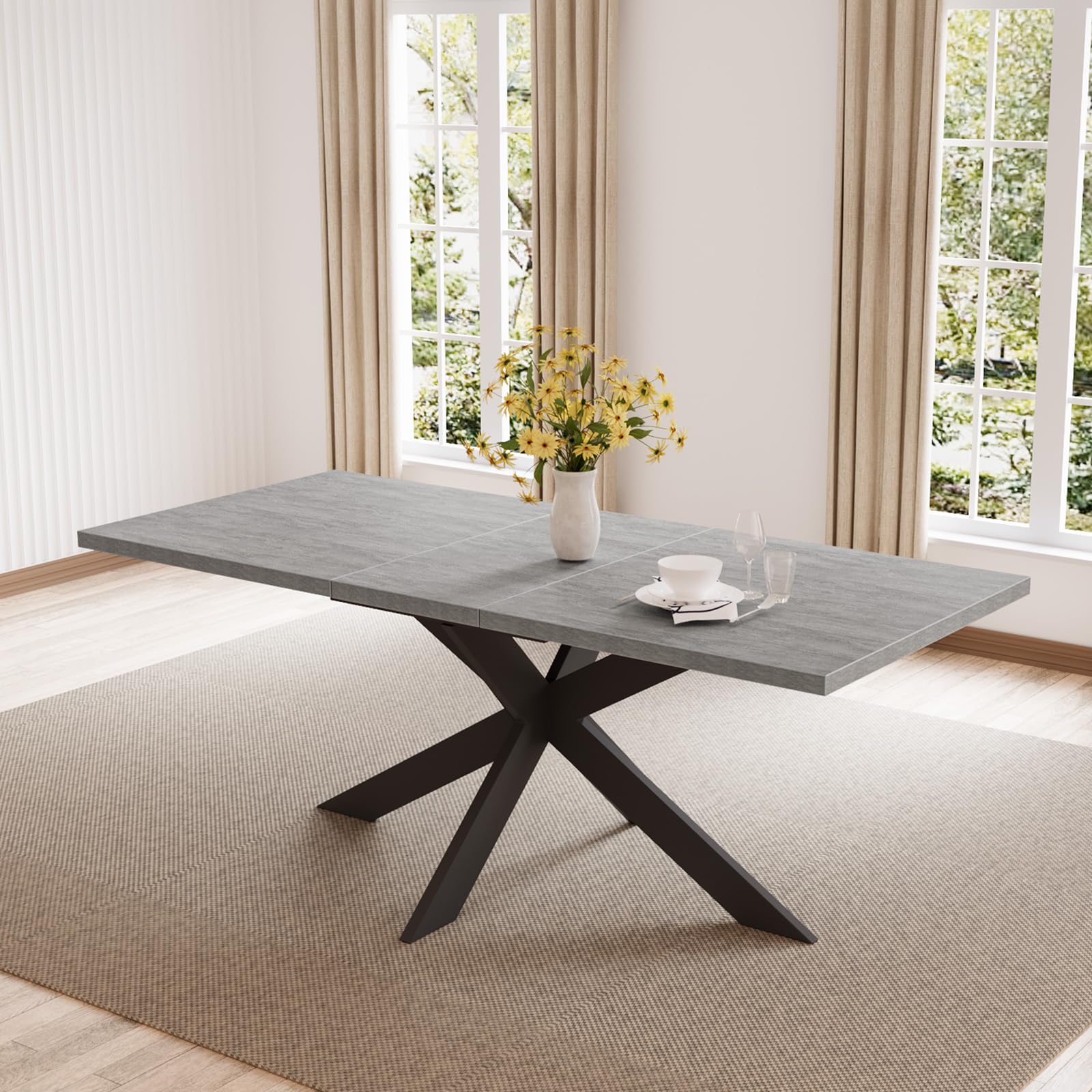 ZckyCine 6-8 People Modern Dining Table Rectangular Kitchen Dining Table Space-Saving Expandable Dining Table Metal Frame……