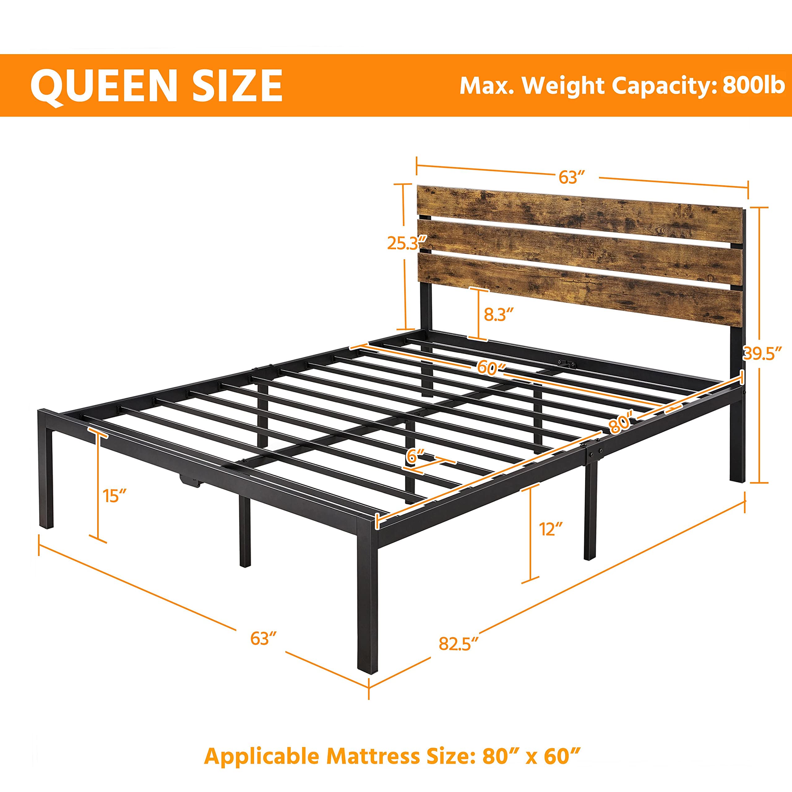 Yaheetech Queen Bed Frame Metal Bed with Modern Rustic Wooden Headboard, No Box Spring Needed/12'' Underbed Storage/Easy Assembly, Brown Queen Bed