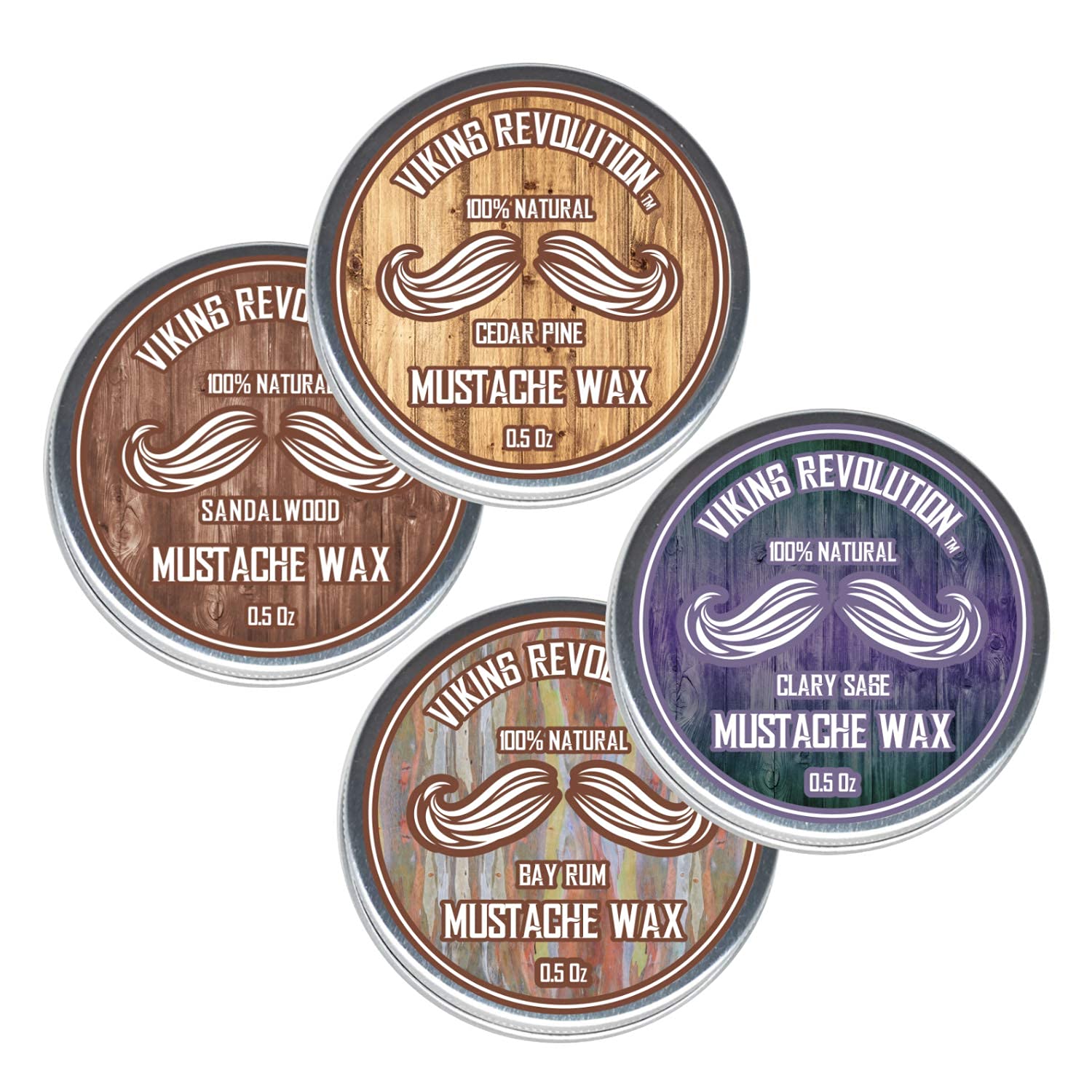 Viking Revolution Mustache Wax 4 Variety Pack - Beard & Moustache Wax for Men - Strong Hold Helps Train Tame & Style- Sandalwood, Clary Sage, Cedar Pine, Bay Rum Styles