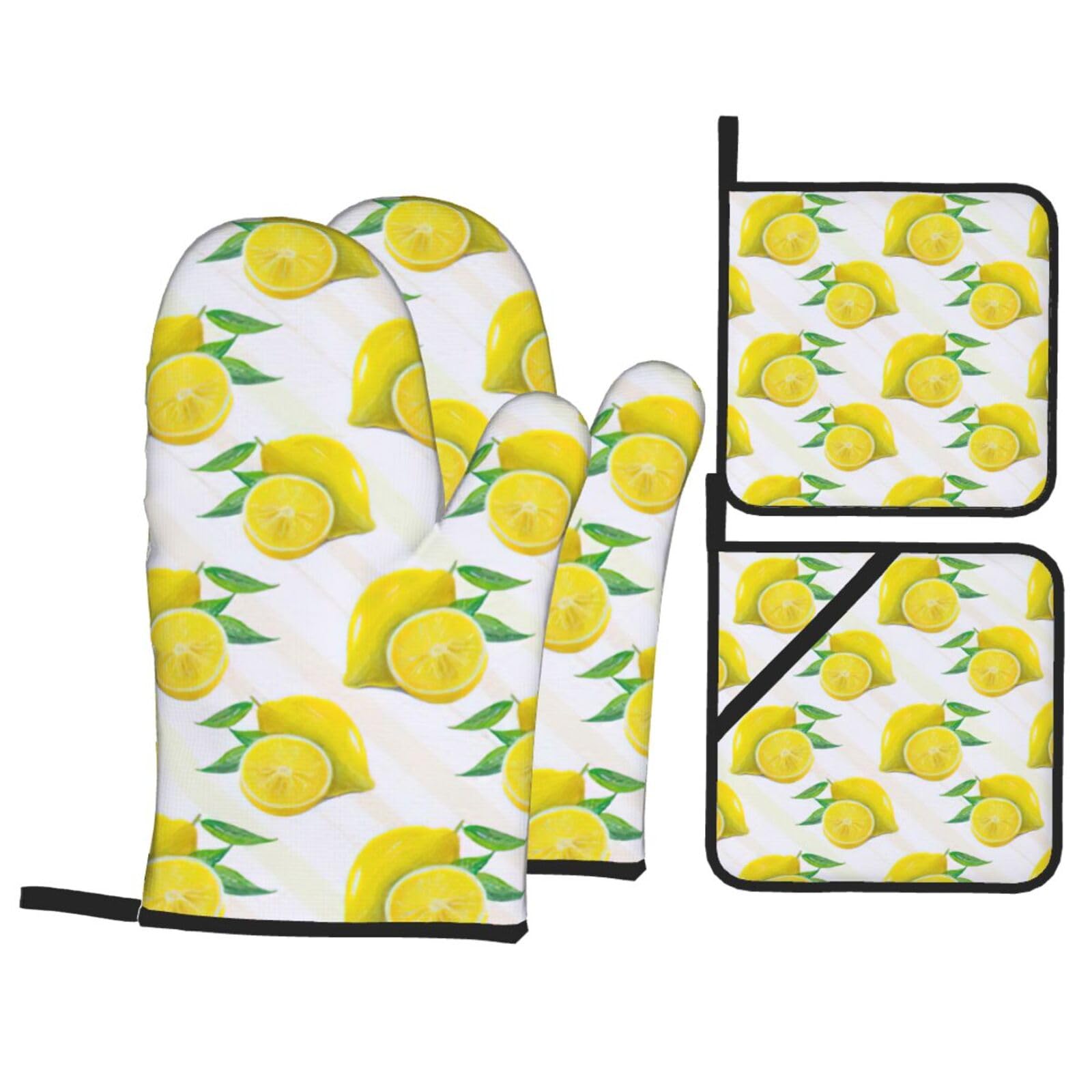 Yellow Lemon Kitchen Baking 4-Piece Set–Heat Resistant Oven Mitts and Pot Holders Kitchen Hot Pads