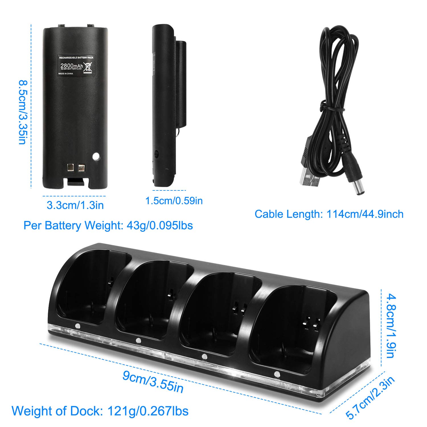 Wii Remote Battery Charger, Moclever 4 port Charging Station Dock with 4 Rechargeable Capacity Increased Batteries and Lengthened Cord Compatible with Wii/Wii U Game Remote Controller