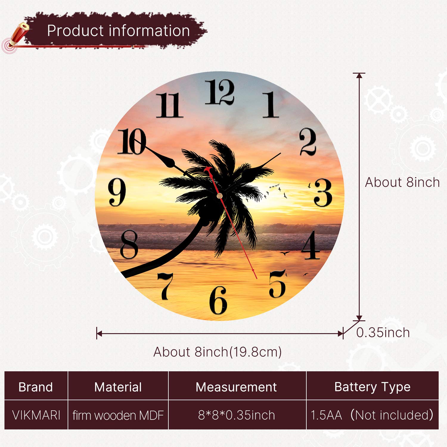 VIKMARI Silent Wall Clock Non Ticking, 8 inch Quartz Excellent Accurate Sweep Movement Wood Wall Clock, Modern Decorative for Kitchen, Living Room,Dining Room,Bedroom,Office (Beach Sunset Style)