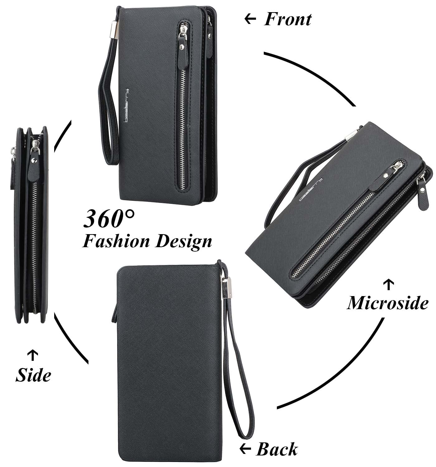 Women’s Long PU Leather Wallet with Credit Card Holders Money Organizer Zipper Purse Wristlet Handbag (A Black)