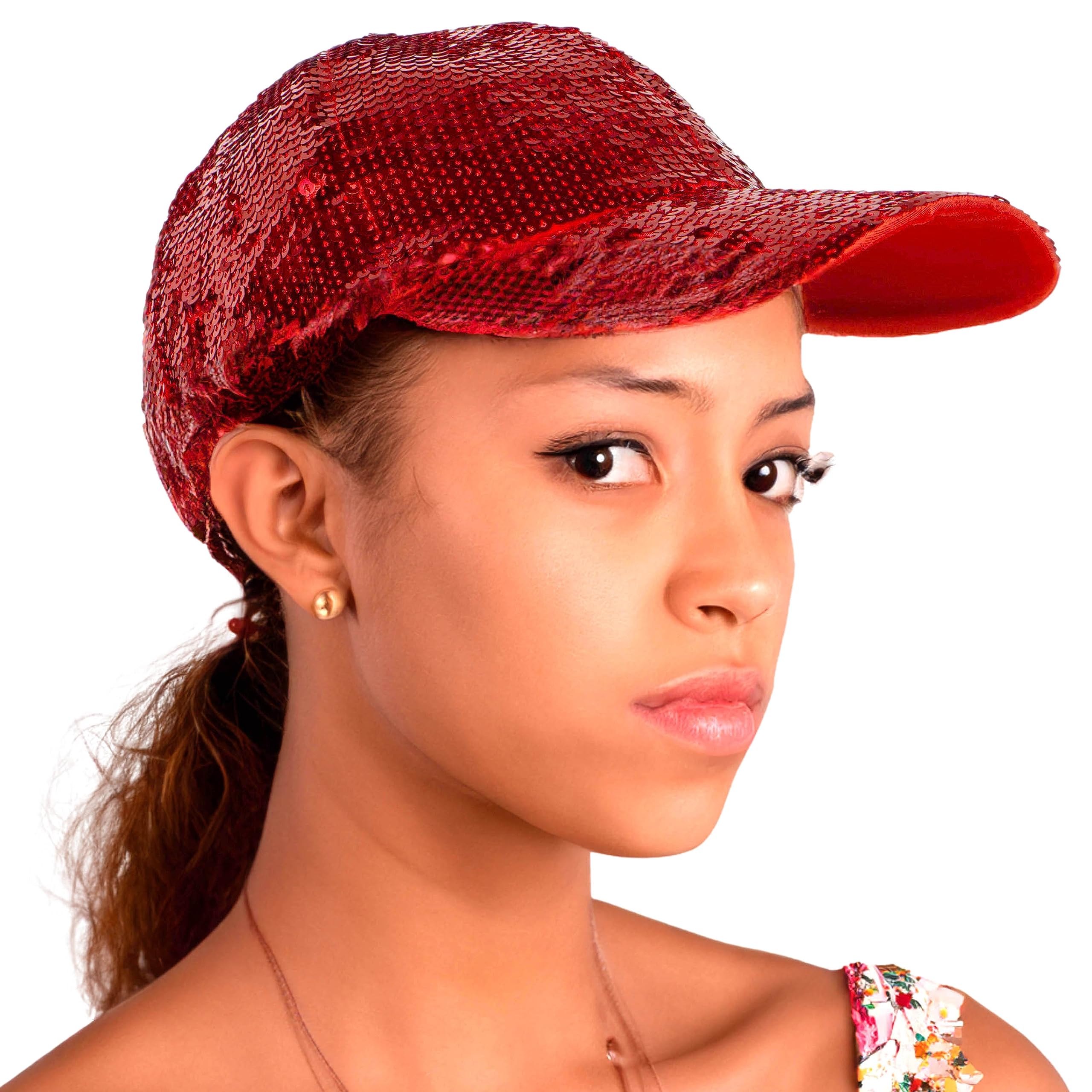 Womens Glitter Sequin Cap - Elastic Fit Baseball Hat - Black