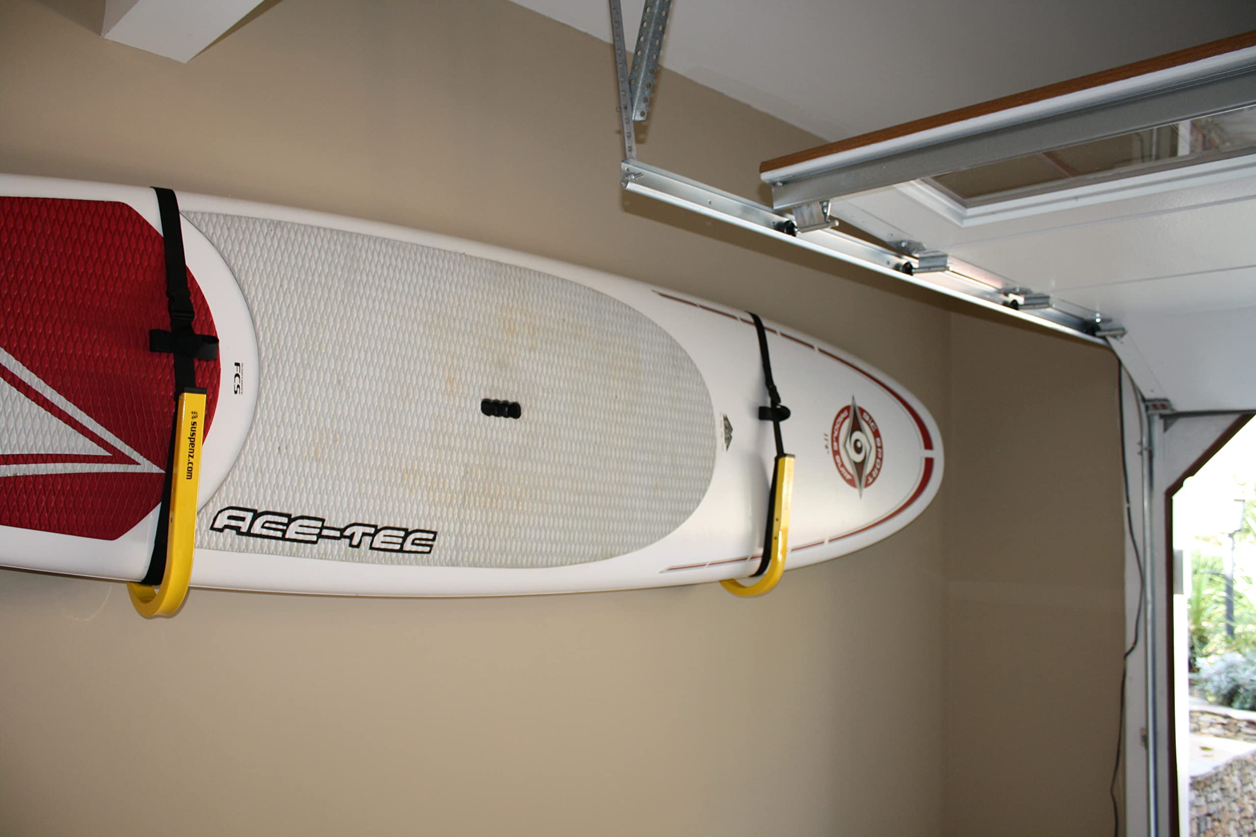 Suspenz SUP Wall Storage Rack, Stand Up Paddle Board and Surfboard Holder/Hook with Safety Straps, Yellow, (11-0701)