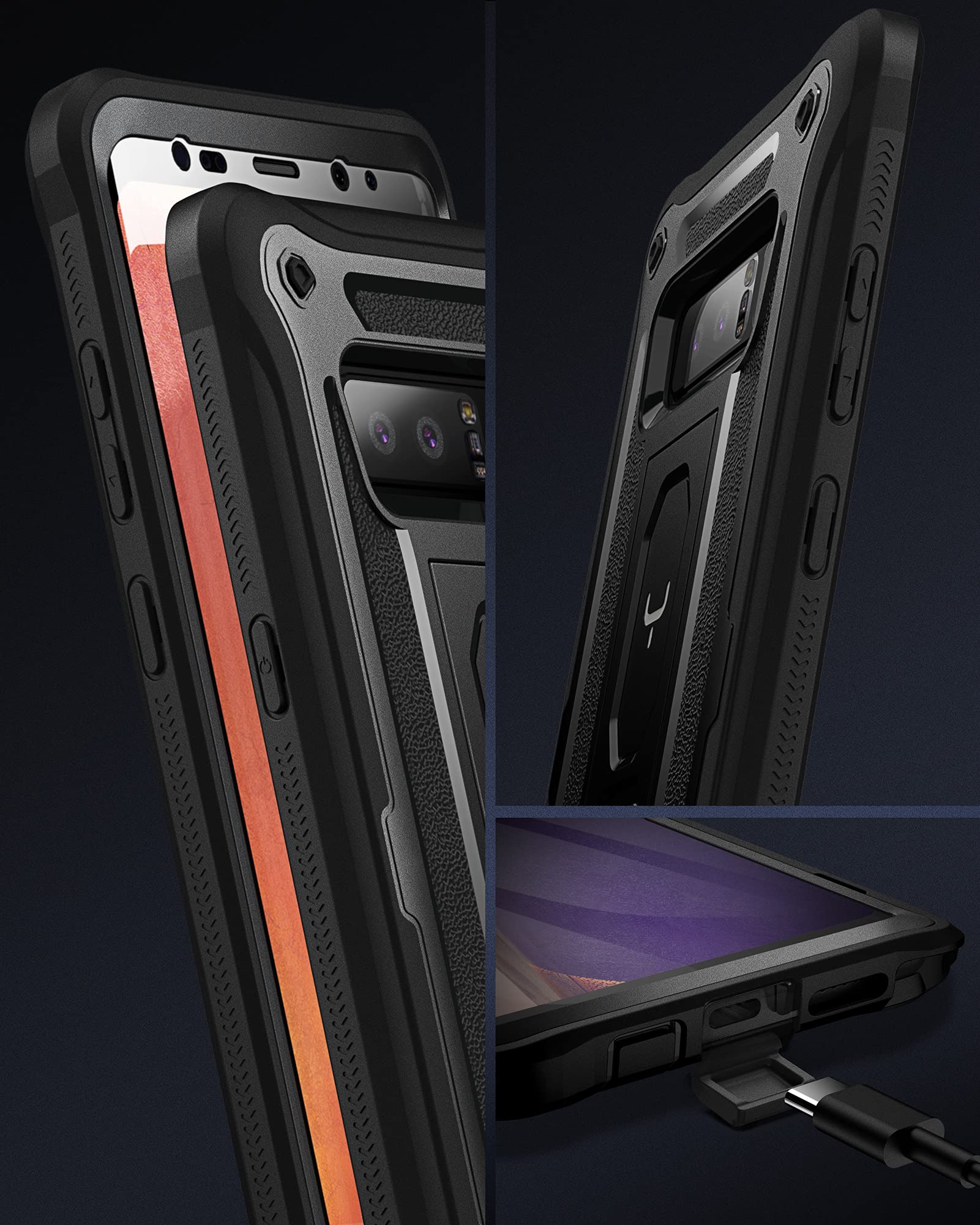 YOUMAKER Kickstand Case for Galaxy Note 8, Full Body with Built-in Screen Protector Heavy Duty Protection Shockproof Rugged Cover for Samsung Galaxy Note 8 6.3 Inch - Black