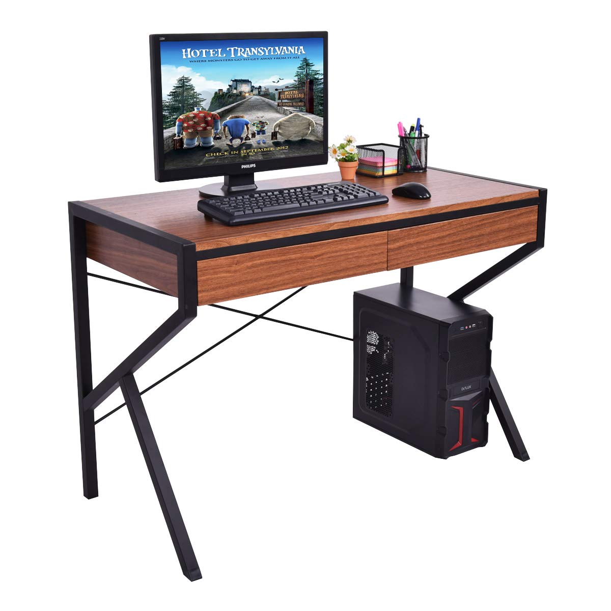 Tangkula Computer Desk, PC Laptop Desk Modern Simple Style Study Writing Table, Home Furniture Office Workstation with Storage Drawers (Wood)