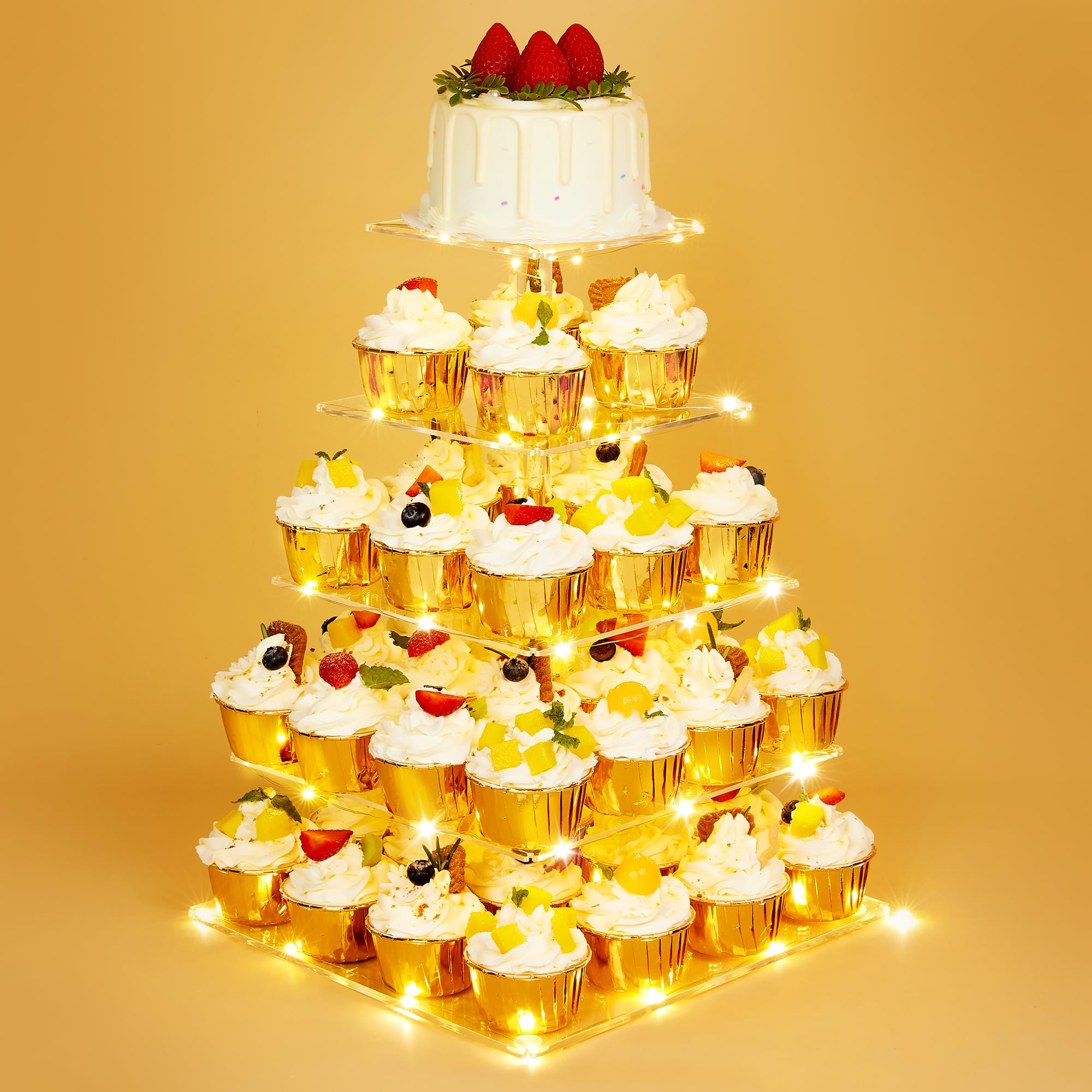 upsimples 5 Tier Acrylic Cupcake Stand, Dessert Tower for 56 Cupcakes, Square Cupcake Display Stand with Yellow LED Light for Birthday, Baby Shower, Tea Party and Wedding Décor