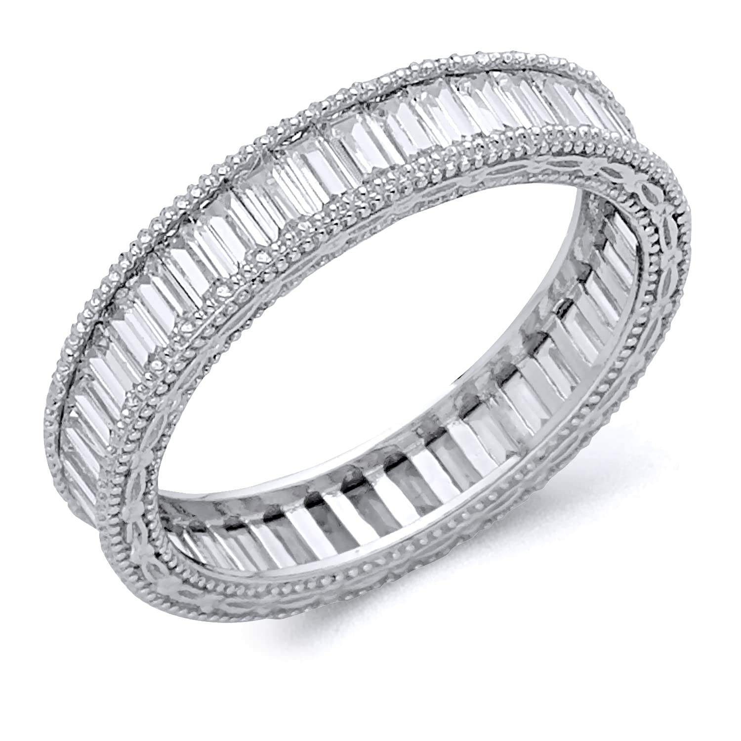 Wellingsale 14k White Gold Polished CZ Cubic Zirconia Channel Set Milgrain Eternity Wedding Ring Band