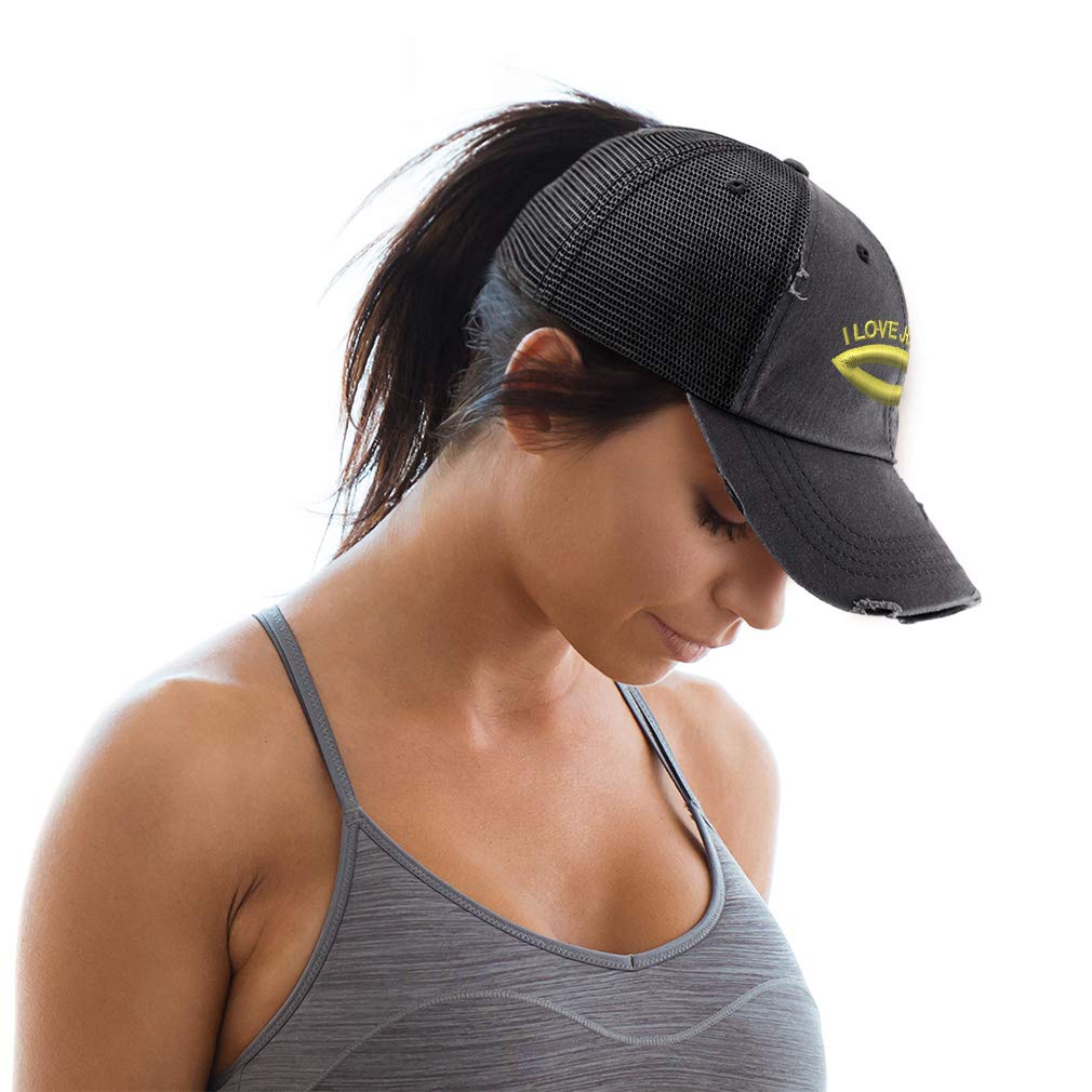 Womens Ponytail Cap I Love Jesus Fish Christ Embroidery Cotton Messy Bun Distressed Trucker Hats Strap Closure Black Design Only