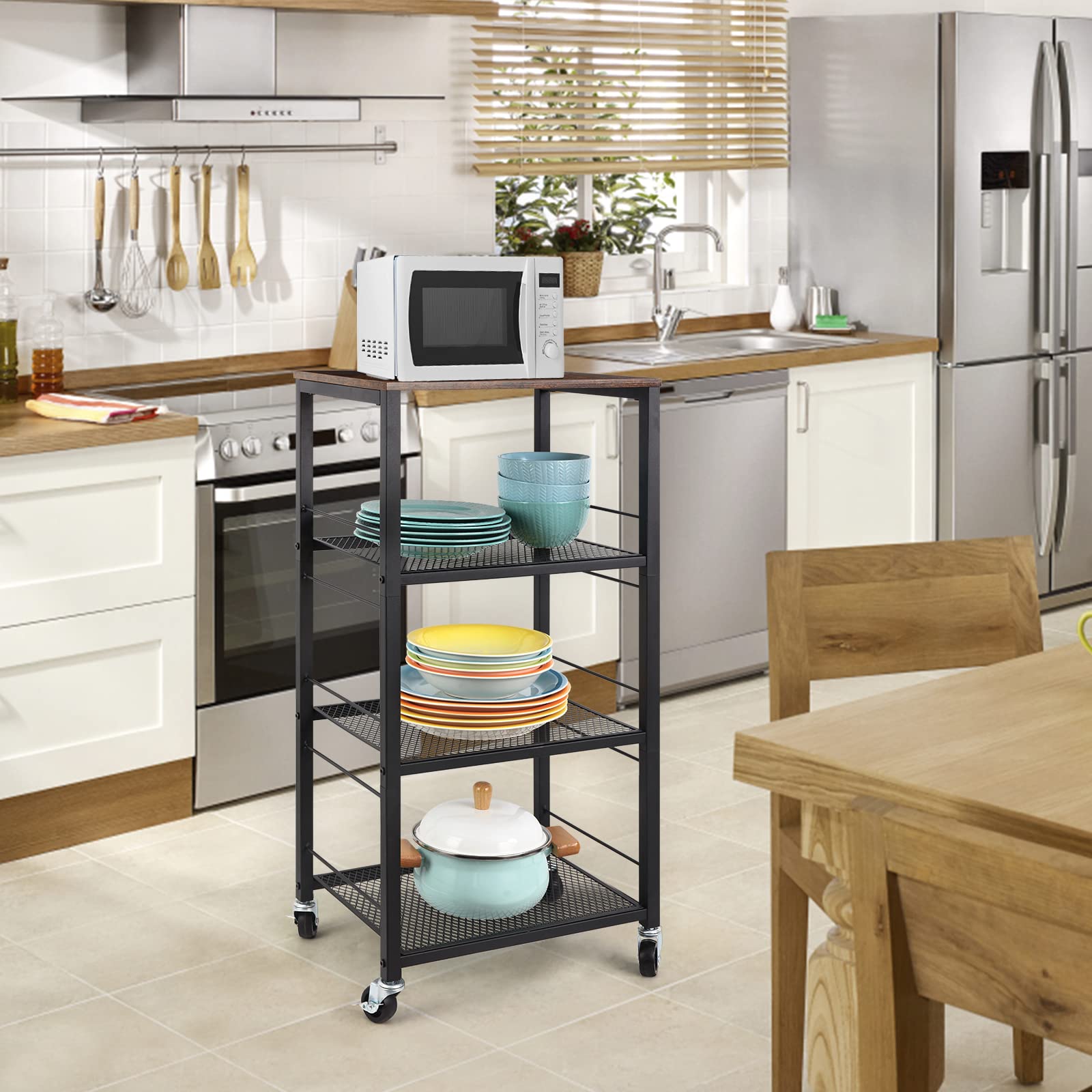 Vrisa Rolling Cart Kitchen Cart on Wheels 4 Tier Utility Microwave Oven Stand Mesh Metal Rolling Storage Cart Coffee Bar for Kitchen Bathroom Living Room Rustic