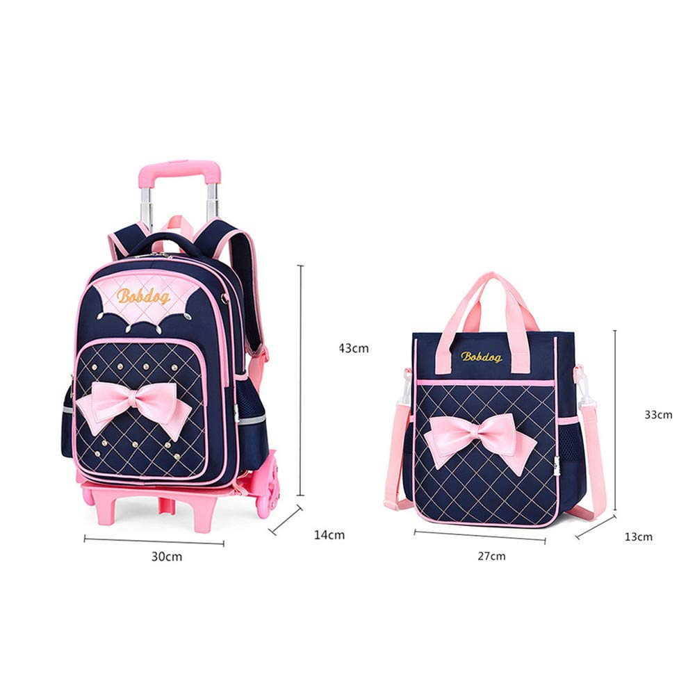 VIDOSCLA Cute Print Bowknot Trolley Backpack Elementary Middle School Rolling Bag Wheeled BookBag for Kids Girls