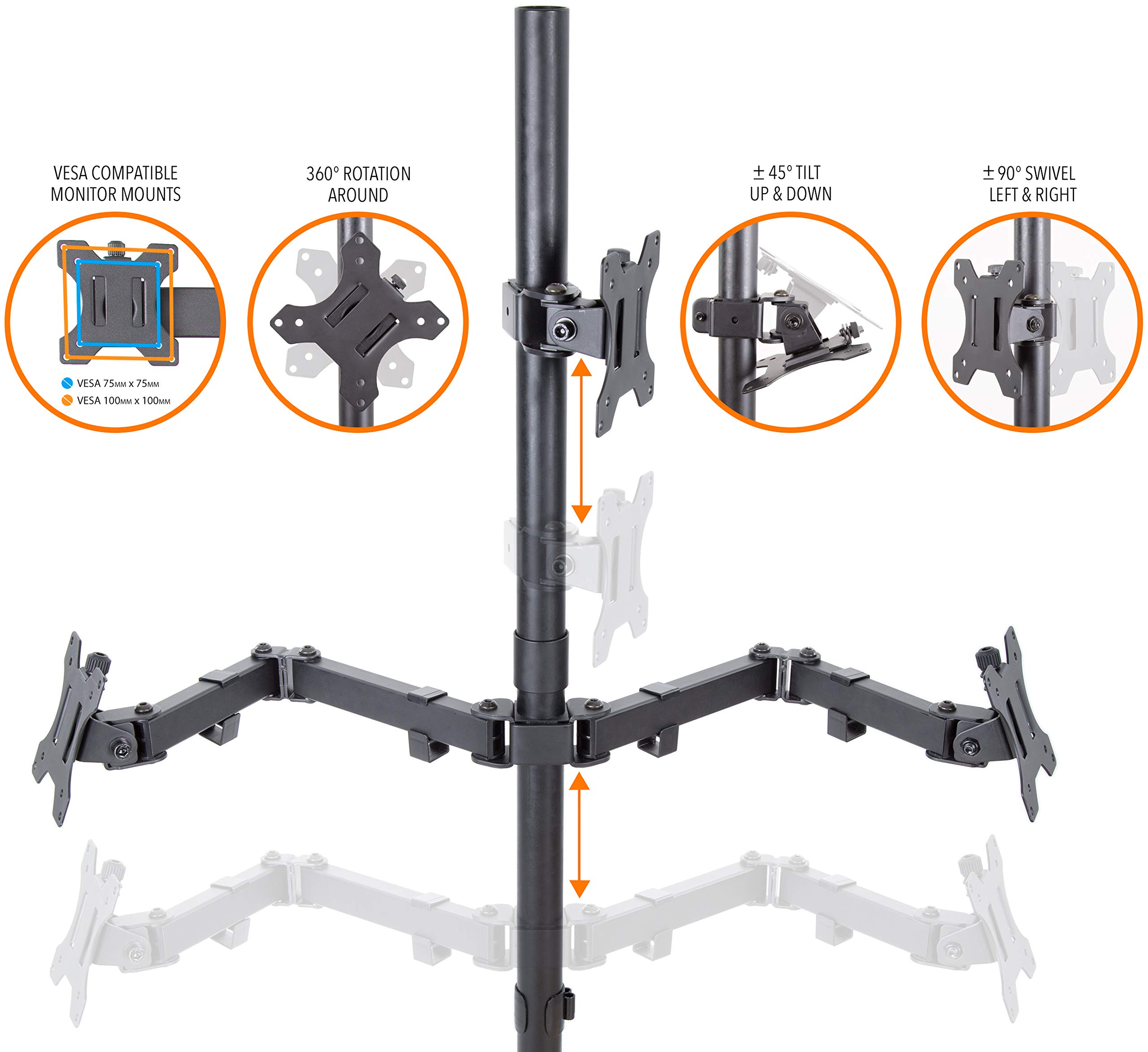 Stand Steady Triple Monitor Desk Stand with Clamp-On Base, for Home or Office Use, Height Adjustable Computer Monitor Stand with Full Articulation VESA Mounts, Fits Most LCD/LED Monitors 13-32 Inches