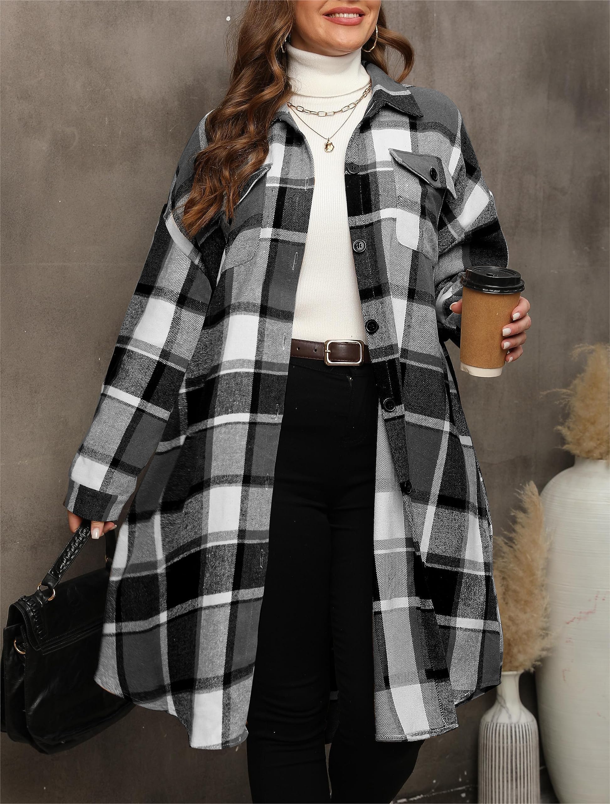 ZAAYO Plus Size Shacket Jacket for Women 2023 Flannel Plaid Long Shirts Long Sleeve Fall Tartan Winter Trench Coats with Pockets