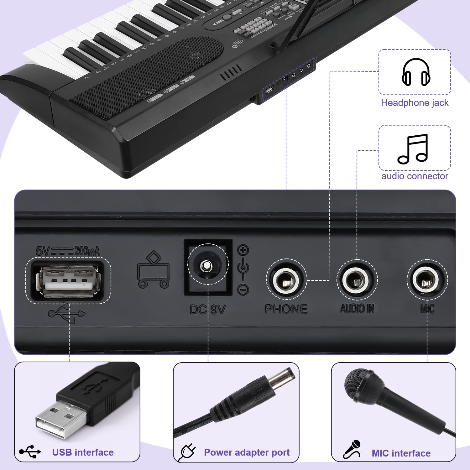 ZHRUNS Electric Keyboard Piano 61-Key, Multifunctional Musical Piano Keyboard Portable with Headphone Jack & Microphone,USB MP3 Play, Dual Power Supply,Music Sheet Stand for Beginners/Adults