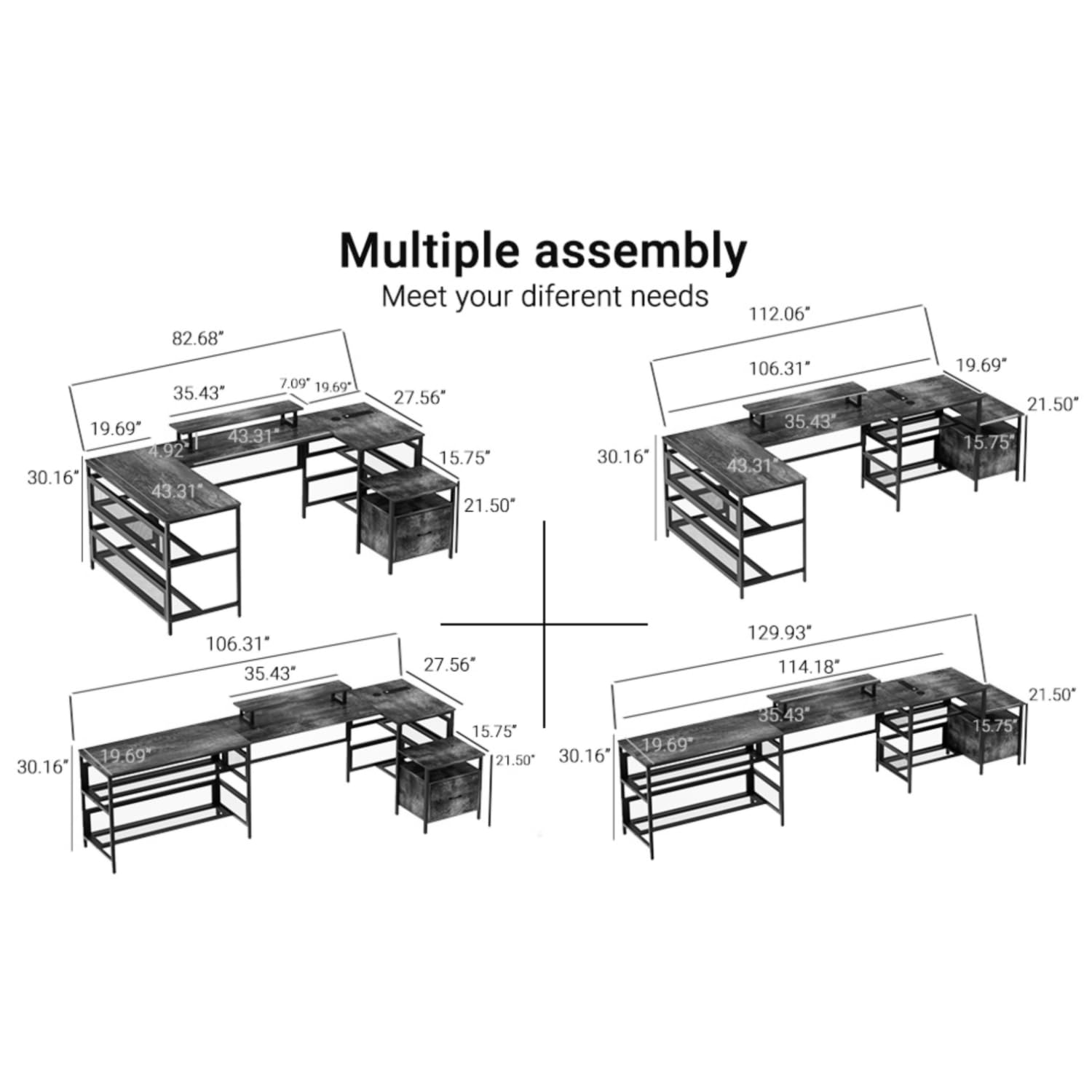 WASAGUN U Shaped Desk with File Drawer, 82.6" U Shaped Desk,Computer Desk with Power Outlet,Home Office Desk with Monitor Shelf,Printer Storage Shelves,Gaming Desk,Black