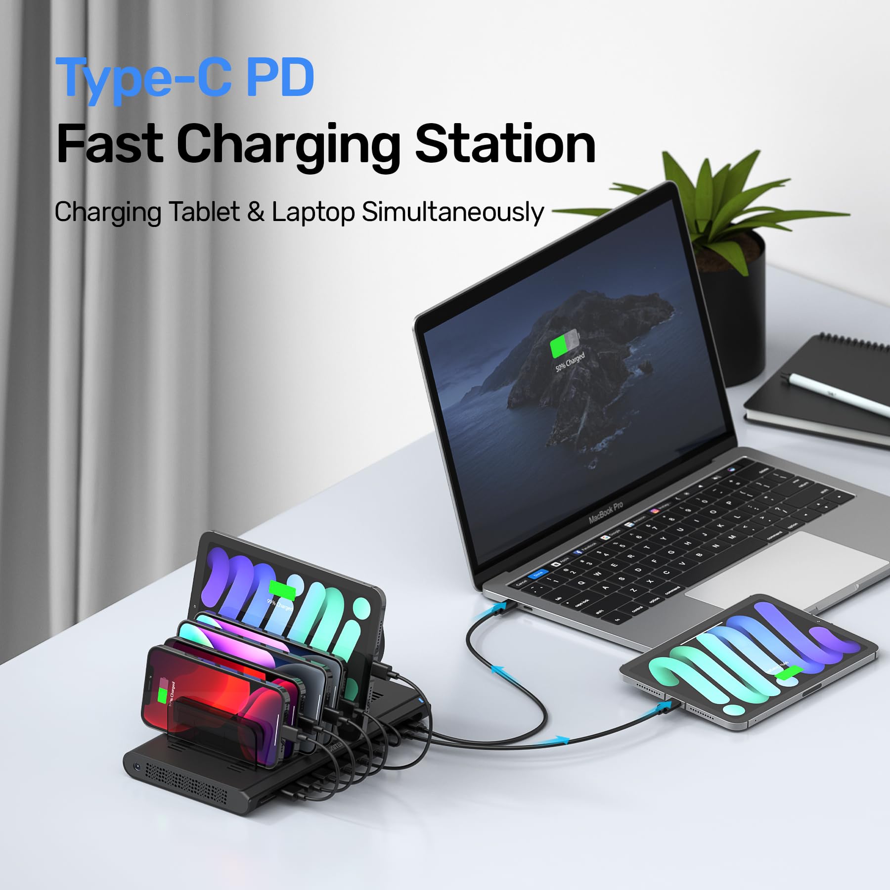 Unitek iPad Charging Station for Multiple Devices, 120W USB Charger Station Organizer with QC 3.0 & PD 60W/18W, 10 Port Fast Charging Dock for iPhone, Kindle, Tablet, Laptop and More