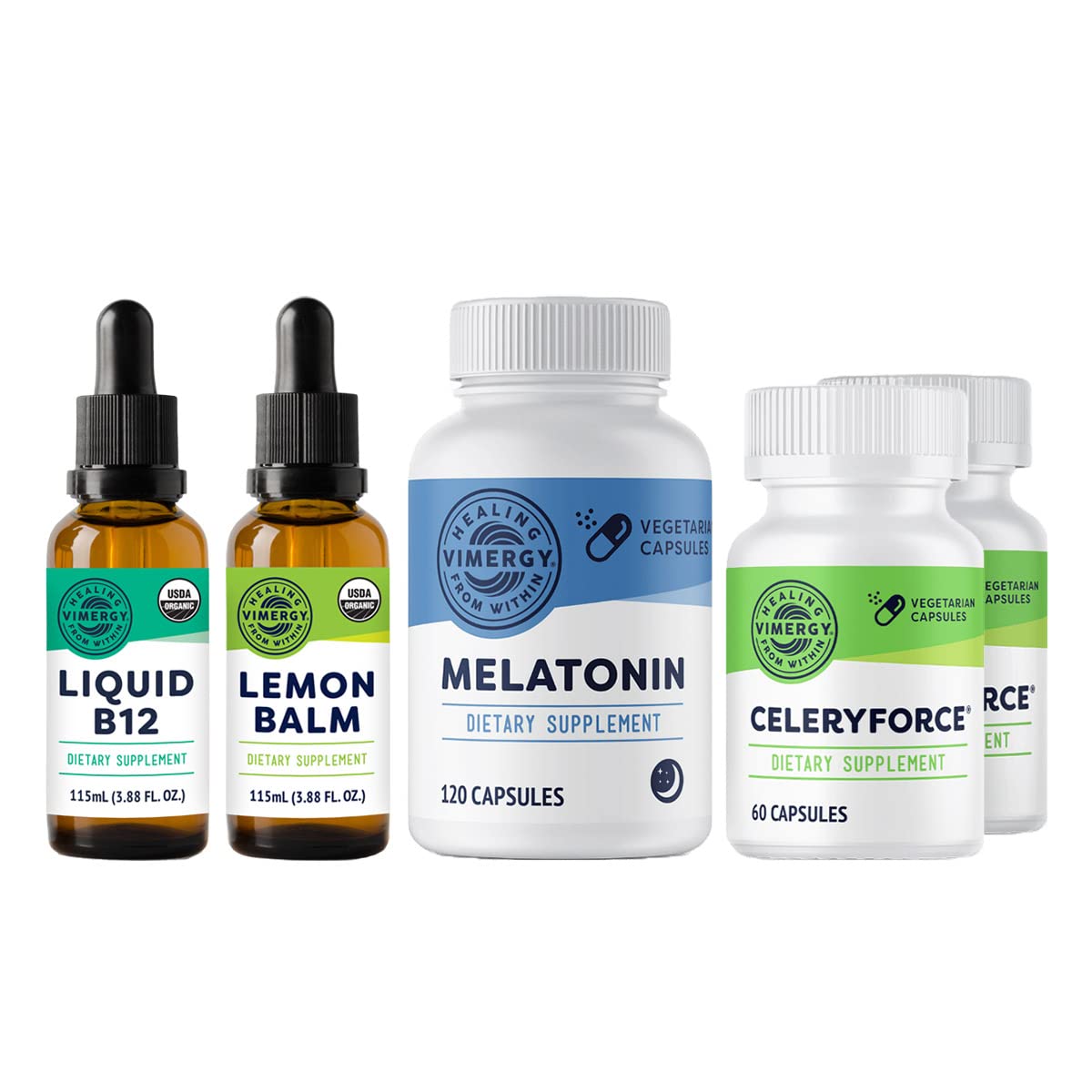 Vimergy Booster Kit – Rise and Shine - Vitamin & Supplement Bundle – Organic Liquid Vitamin B12 115ml, Organic Lemon Balm Extract 115ml, Celeryforce x2 & Melatonin Capsules (Large)
