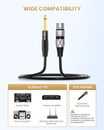 tisino Female XLR to 1/4 (6.35mm) TS Mono Jack Unbalanced Microphone Cable Mic Cord for Dynamic Microphone - 10 FT/3 Meters