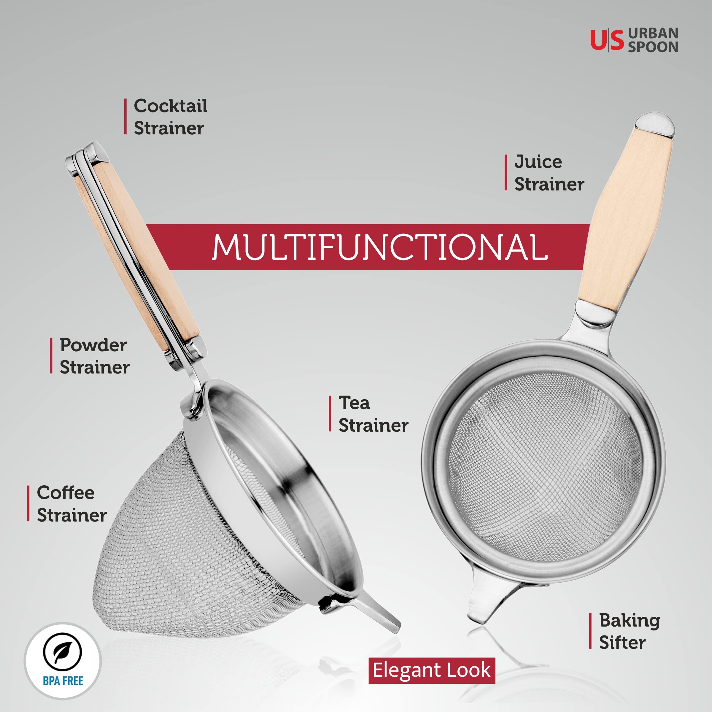 URBAN SPOON Professional Bartender Fine Mesh Sieve Strainer, Rust Proof Stainless Steel Cocktail Strainer for Home Bar, Multi-Purpose Strainer with Handle for Herbs, Coffee, Juice & Beverages