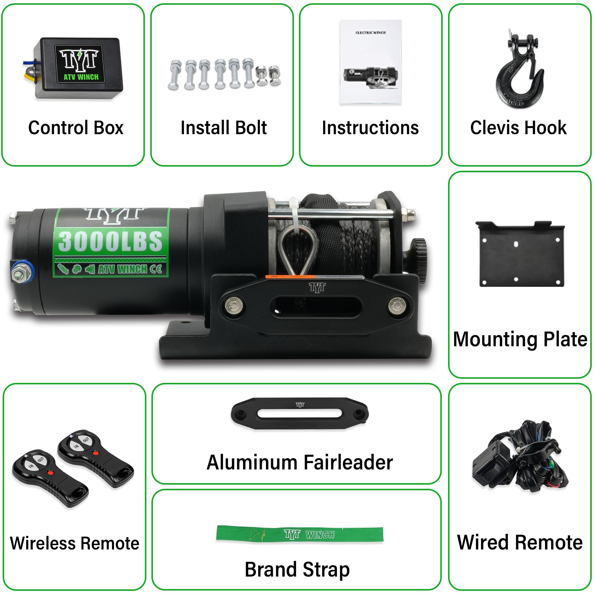 TYT 2000 lb. ATV/UTV Winch with Synthetic Rope Kits, 12V Winch for Towing, Boat, Off-Road, Waterproof Winch with Winch Mounting Plate and Wired Remote