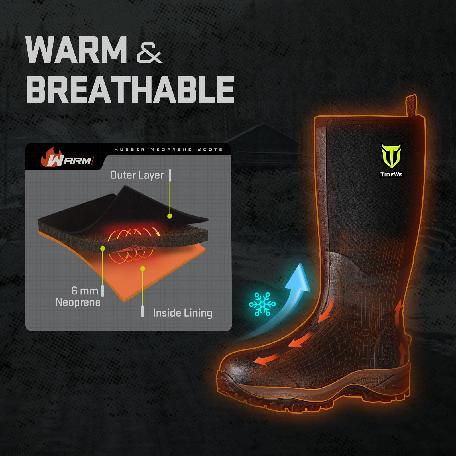 TIDEWE Rubber Neoprene Boots Men And Women, Waterproof Sturdy 6mm Neoprene Boot, Rain Boot Hunting Boot Arctic Outdoor Boot Men Size 11 Black