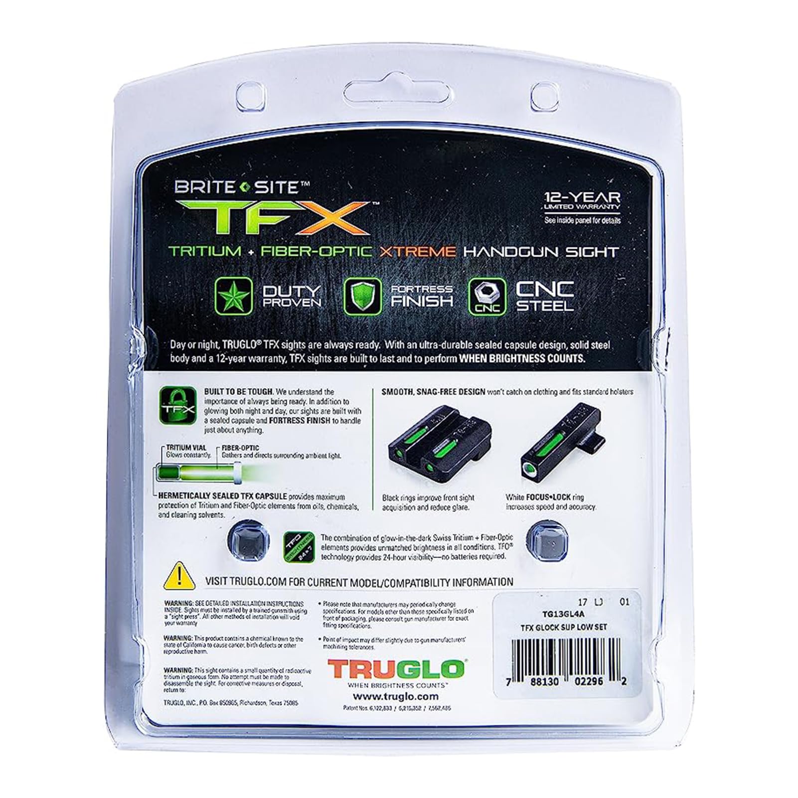 TRUGLO TFX Handgun Sight | Durable Shock-Resistant Compact Brightly Glowing Tritium & Fiber-Optic Xtreme Day/Night Sight, Compatible with Glock Suppressor Height Low Handguns