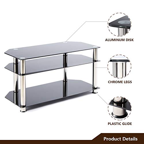 TAVR Black Tempered Glass Corner TV Stand Cable Management Suit for up to 46 inch Plasma LCD LED OLED Flat or Curved Screen TVs,3-Tier Gaming Consoles Media Component,Chrome Legs