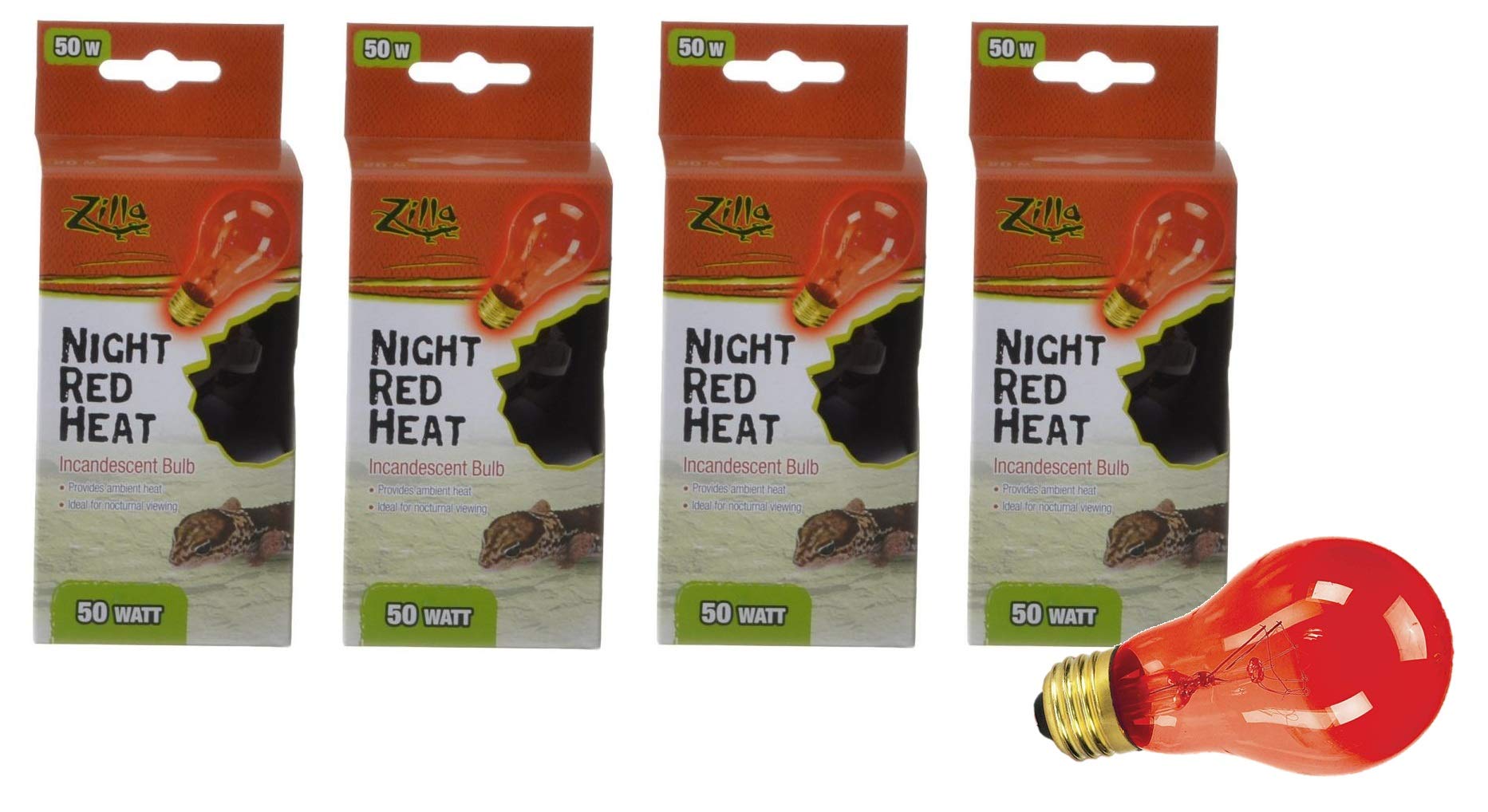Zilla 4 Pack Incandescent Bulb, Night Red Heat, 50 Watt