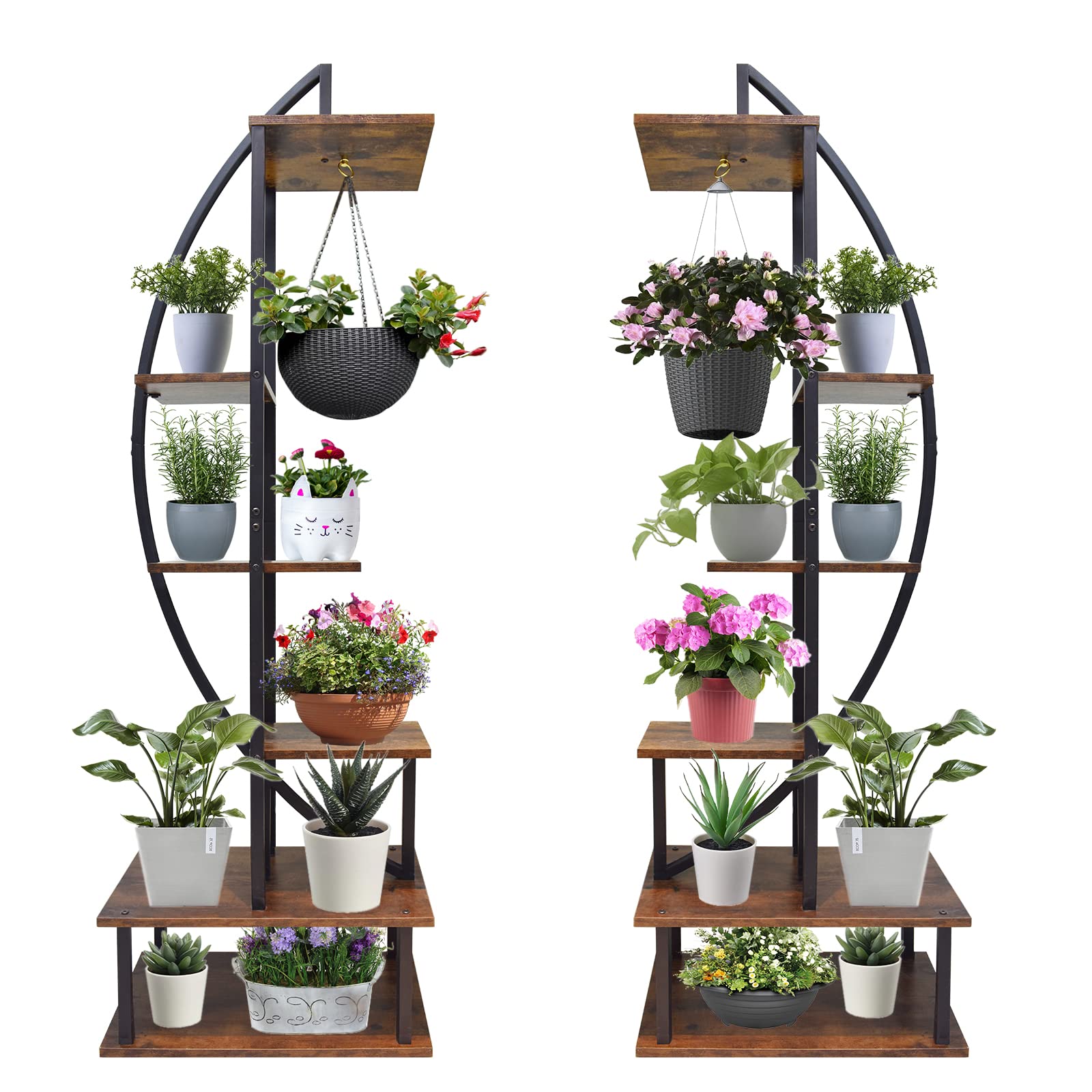 YIFOR 2 PCs 6 Tier Metal Plant Stand, Half Moon Plant Shelf Holder, Indoor Tall Ladder Plant Stand Large Plant Display Stand Rack for Living Room, Balcony, Patio, Garden