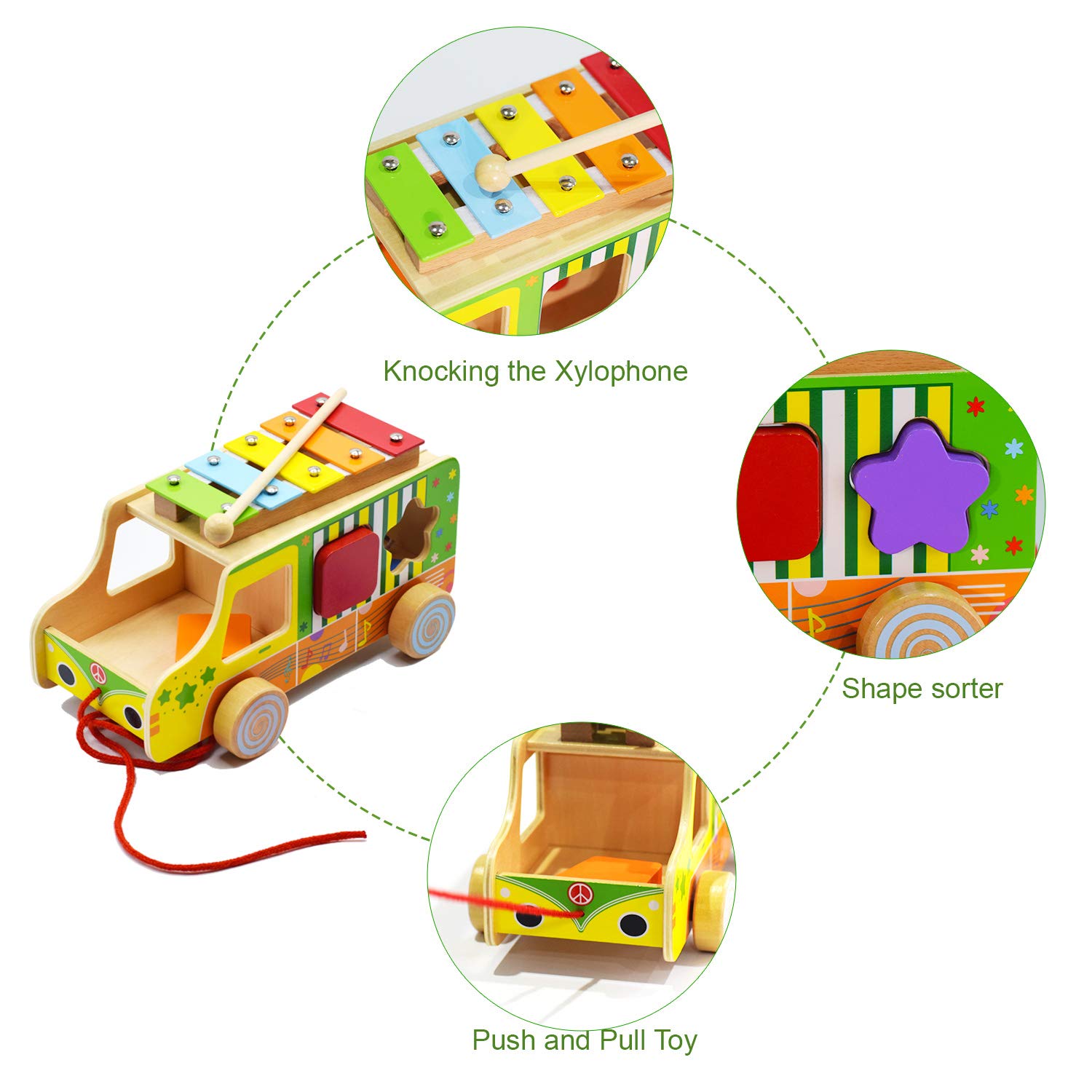 Wooden Shape Sorter - Shape Sorter for 1 Year Old Boys & Girls - Learning Educational Baby Shape Sorter Bus - Push & Pull Toy with Xylophone for 1 Year Old