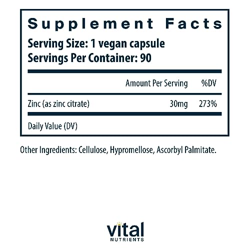 Vital Nutrients Zinc Citrate 30mg | Easily Absorbed Immune Support Supplement* | Vegan Zinc Supplement | Gluten, Dairy, Soy Free | Non-GMO | 30mg | 90 Capsules