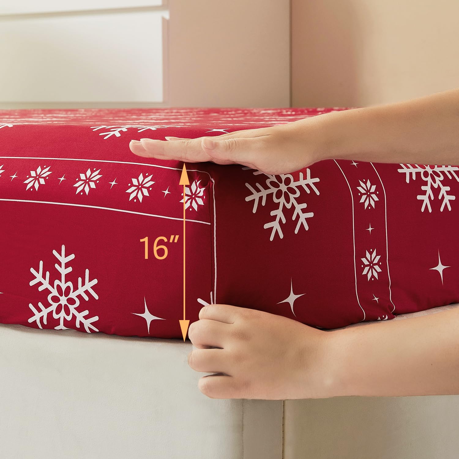 Vaulia Soft Microfiber Sheets, Print Snowflake Pattern Christmas Holidays, 4-Piece Set (1 Fitted Sheet 1 Flat Sheet 2 Pillowcases) Red/White Snowflake, Full Size