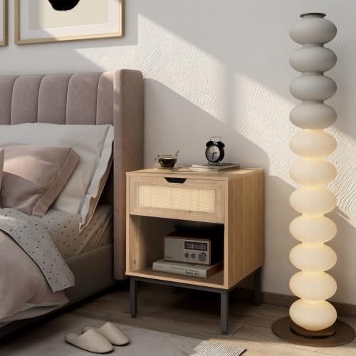 Wekity Nightstand Storage End Table with Rattan Door, Open Storage & Solid Metal Legs, Small Bedside Tables Mid Century Modern Side Tables Nightstand for Living Room Bedroom Small Spaces (Natural)