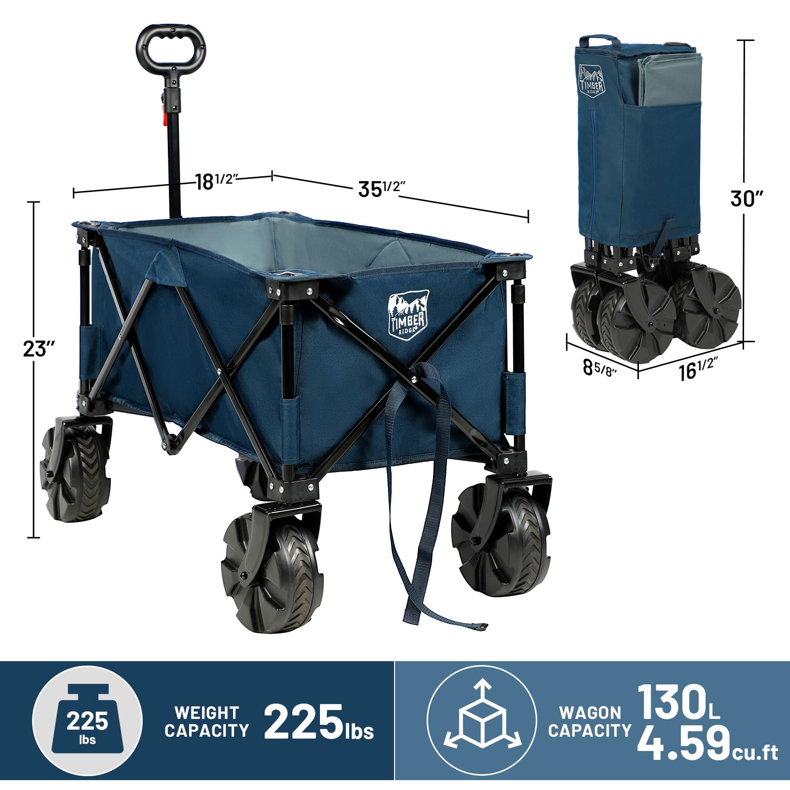 TIMBER RIDGE Collapsible Folding Wagon, Heavy Duty Utility Beach Cart with Big All-Terrain Wheels for Shopping Camping Garden with Side Bag and Cup Holders,Navy