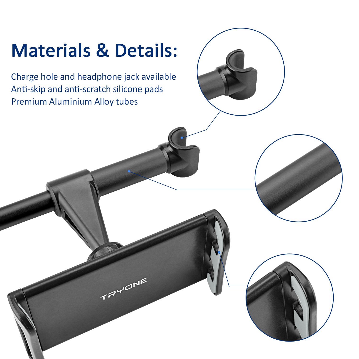 Tryone Universal Car Headrest Tablet Holder for 4.7-12.9 Inch Devices - Sturdy, Easy Installation, 360 Rotation, Foldable Design