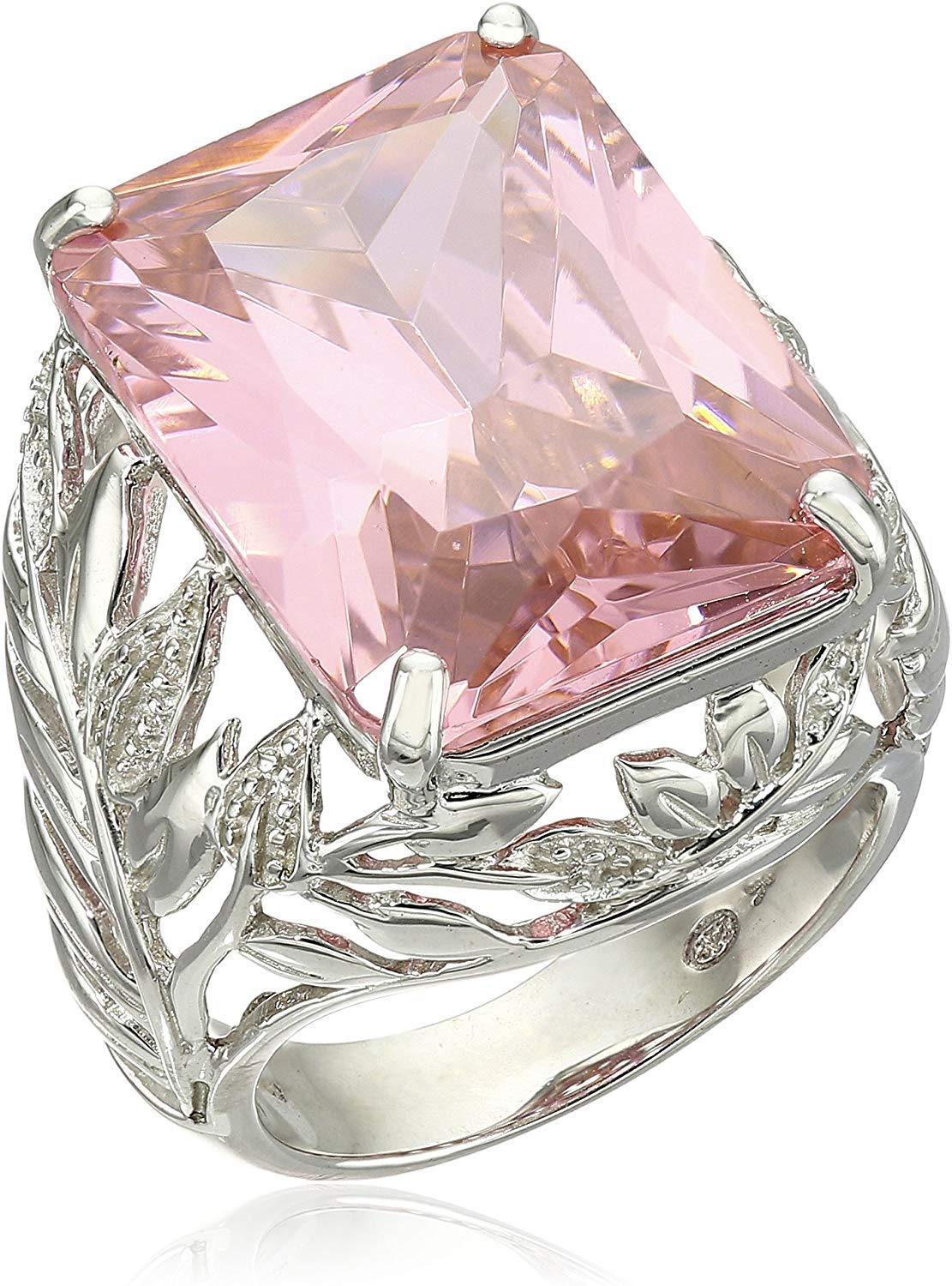 Sterling Silver Emerald Cut Pink Cubic Zirconia Openwork Band Ring, Size 7