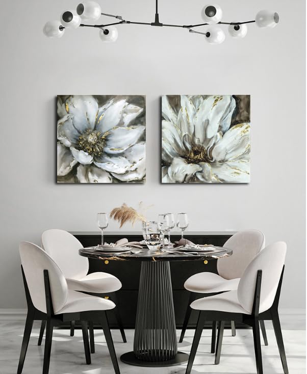 Wallpaint - Black and White Flower Wall Art with Texture and Gold Foil, Elegant Blooming Floral Picture Canvas Wall Decor for Living Room Bedroom - 30"x30"