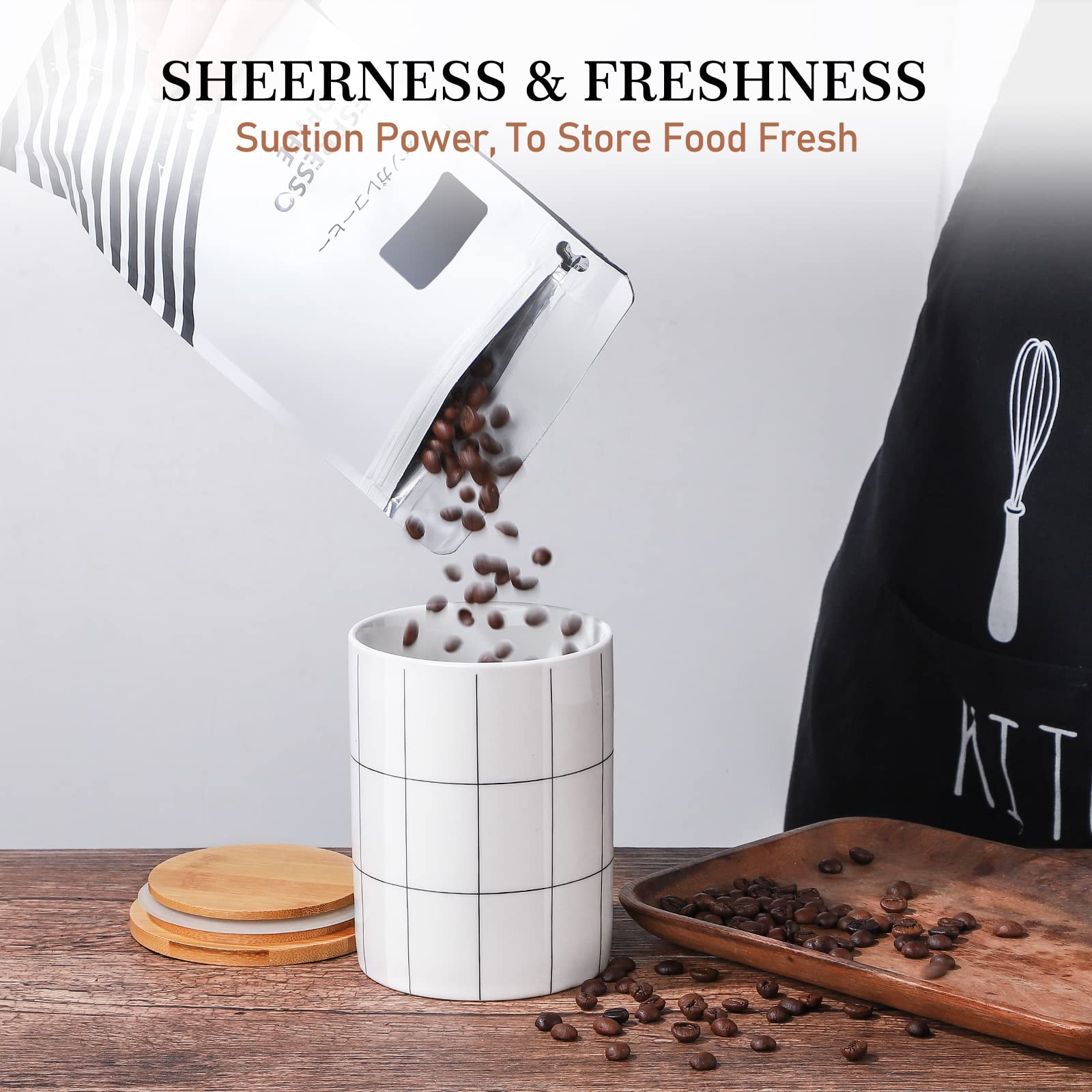 WELLCHE Kitchen Canisters Sets for Kitchen Counter Set of 6, Flour and Sugar Containers, Ceramic Canister Set Food Storage Jars with Airtight Bamboo Lid for Serving Ground Coffee, Tea, Sugar, Grain