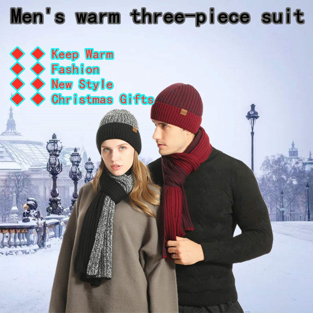 Winter Knit Beanie Hat Neck Warmer Scarf and Touch Screen Gloves Set 3 Pcs Fleece Lined Skull Cap for Men Women (Brown)