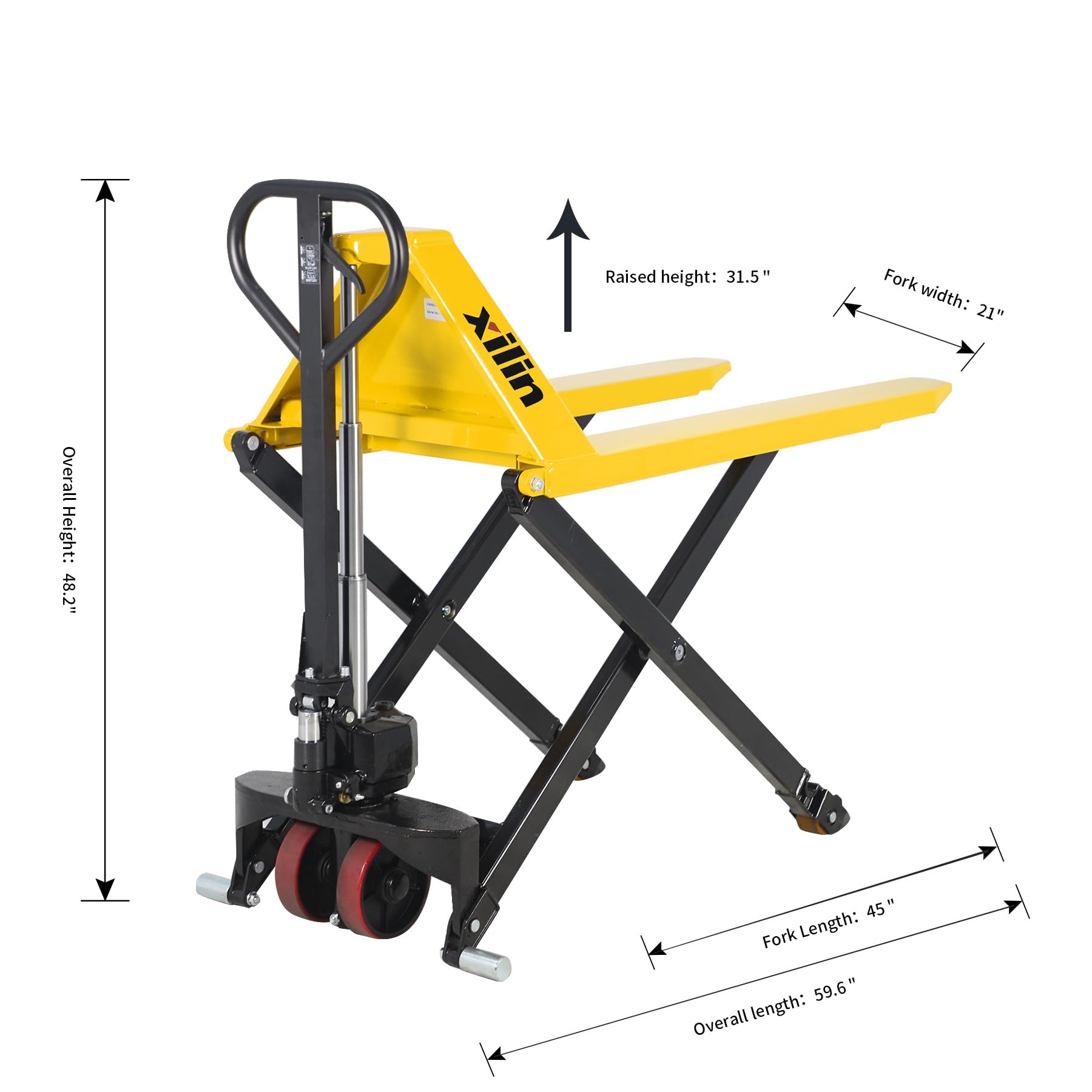 Xilin Manual Pallet Jack High Lift Hand Pallet Truck 2200lbs Capacity 3.3" Lowered 45" Lx21“W 31.5 Lift Height Suitable for EU Pallets JF-520