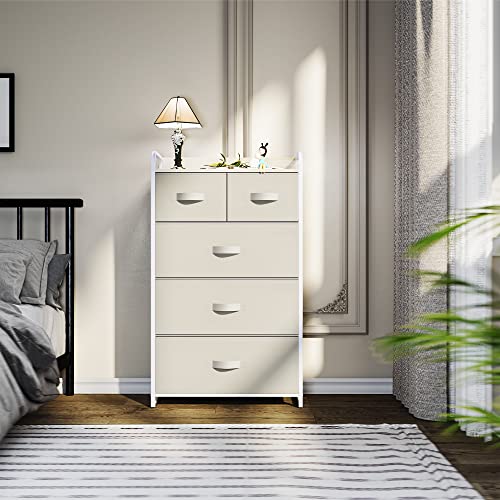 YITAHOME Fabric Dresser with 5 Drawers - Storage Tower with Large Capacity, Organizer Unit for Bedroom, Living Room & Closets - Sturdy Steel Frame, Wooden Top & Easy Pull Fabric Bins (Cream White)