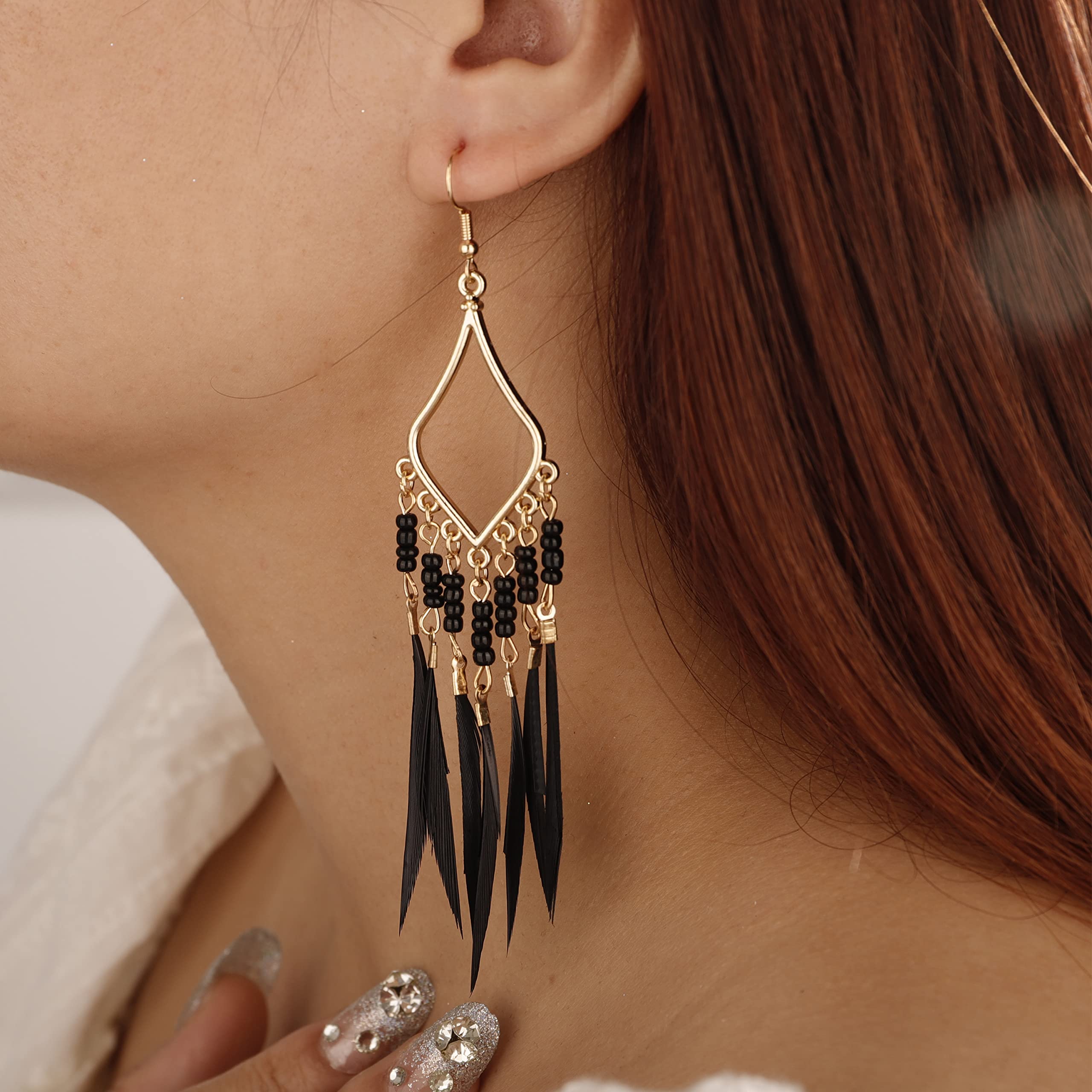 YERTTER Gold Long Dangle Bohemian Black Fake Feather Tassel Dangle Beads Earrings Halloween Tassel Earrings Light Feather Vintage Hook Ear Accessories Gift for Women Girls (Style 1)