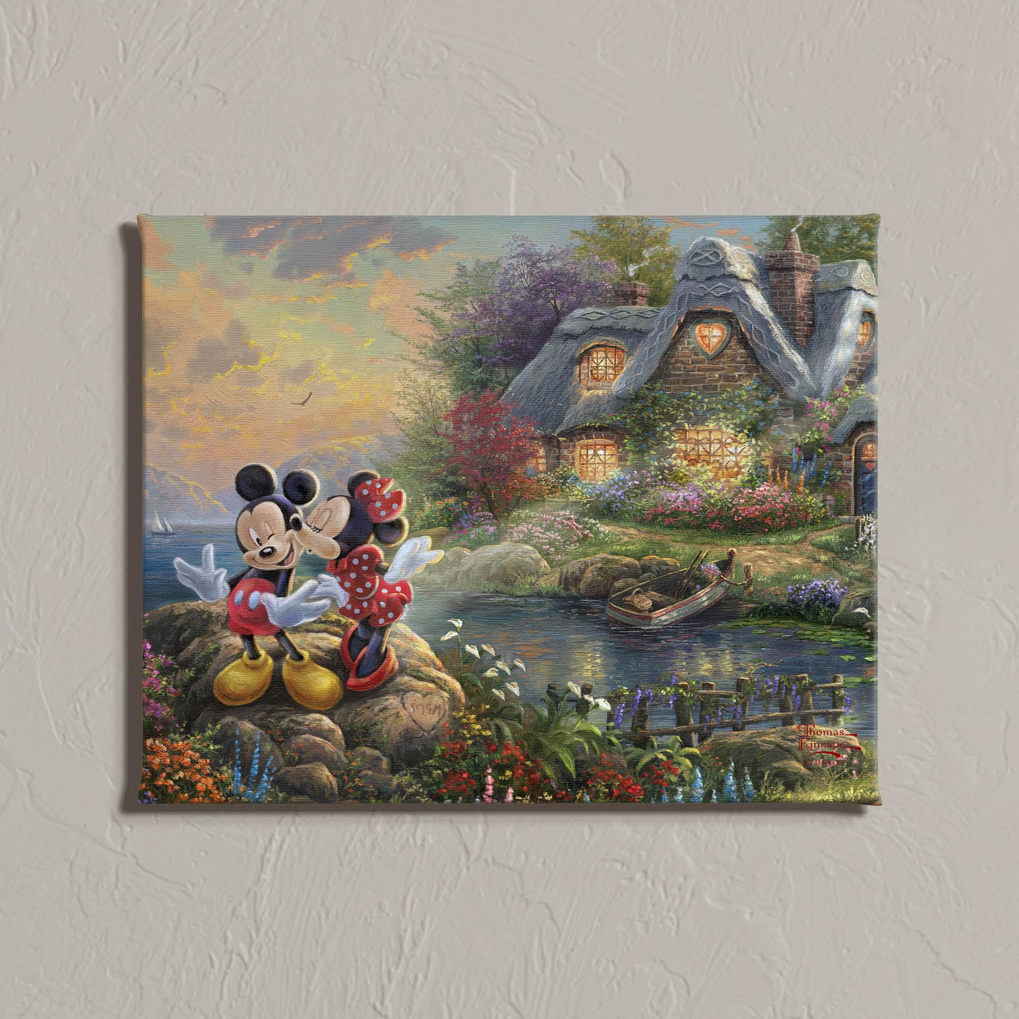 Thomas Kinkade Disney Mickey and Minnie Sweetheart Cove 8" x 10" Gallery Wrapped Canvas Art | Frameless Room Wall Art | Certificate of Authenticity Included