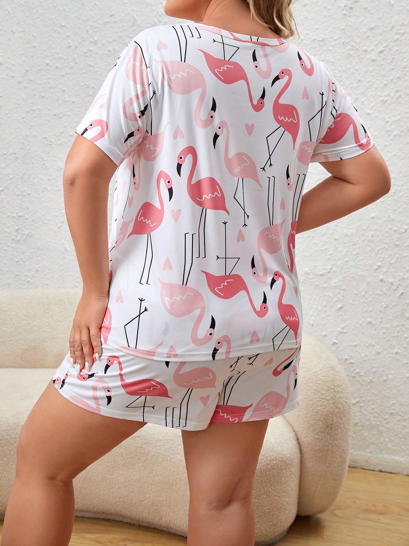WDIRARA Women's Plus Size 2 Piece Pajama Set Cartoon Print Round Neck Short Sleeve Tee with Shorts White and Pink 4XL