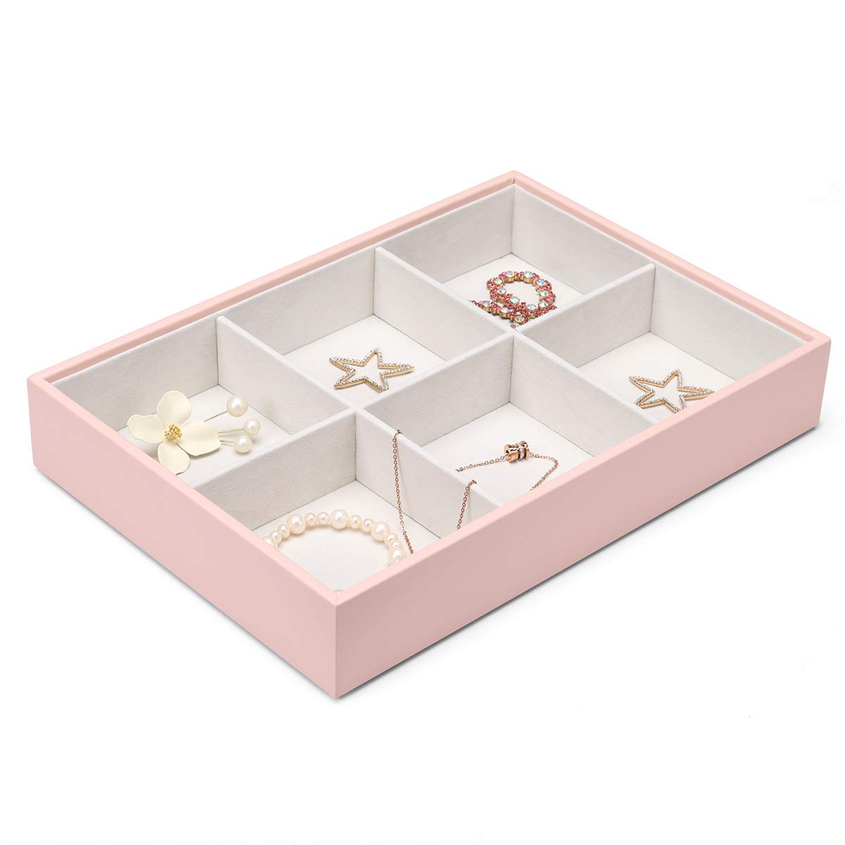 Vlando Miller Jewelry Tray-Six compartment,Multiple Color Combinations, Large Capacity Multi-Layer Design and Fashion(Pink)