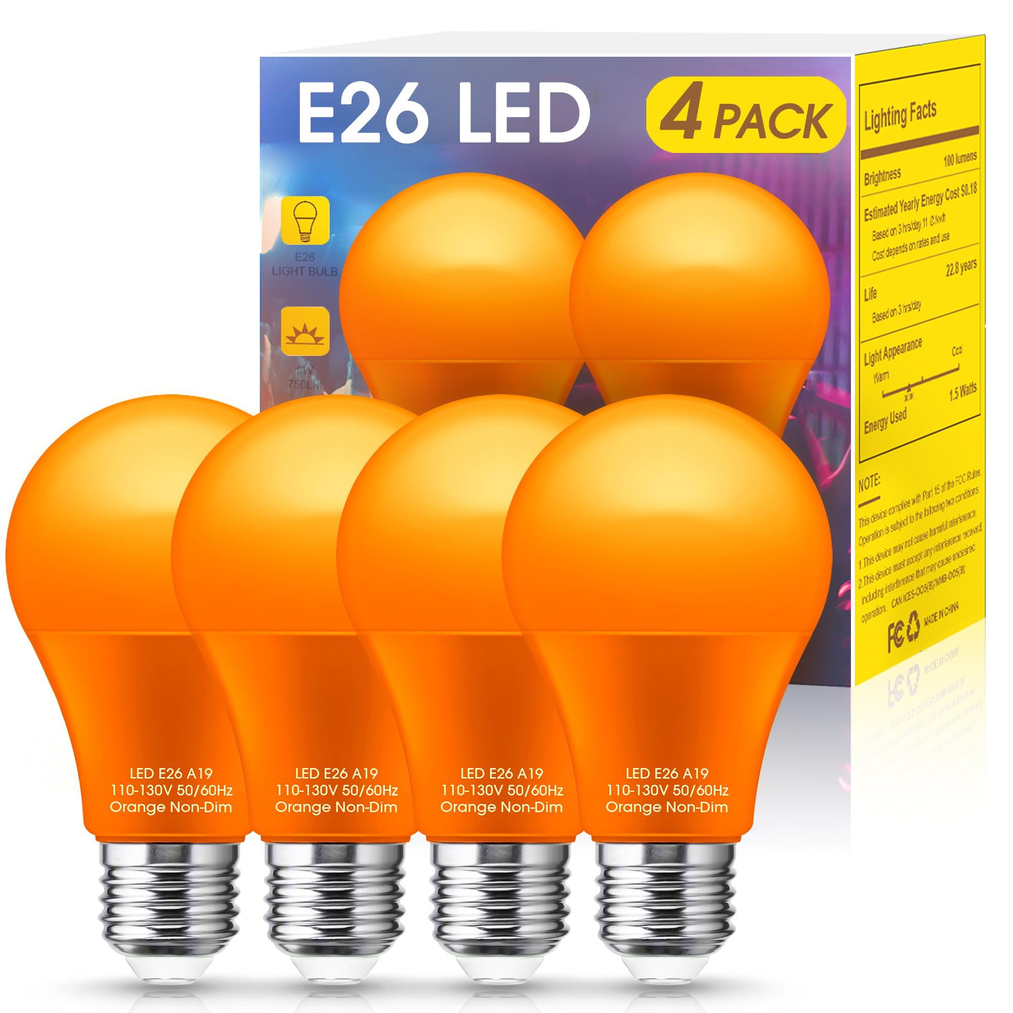 Woxeon Orange Light Bulb [4 Pack] - A19 LED Orange Bulbs 9W (60Watt Equivalent) - E26 Base Orange Light Bulb Outdoor, Colored Light Bulbs for Halloween Christmas Party Porch Home Holiday Decorative